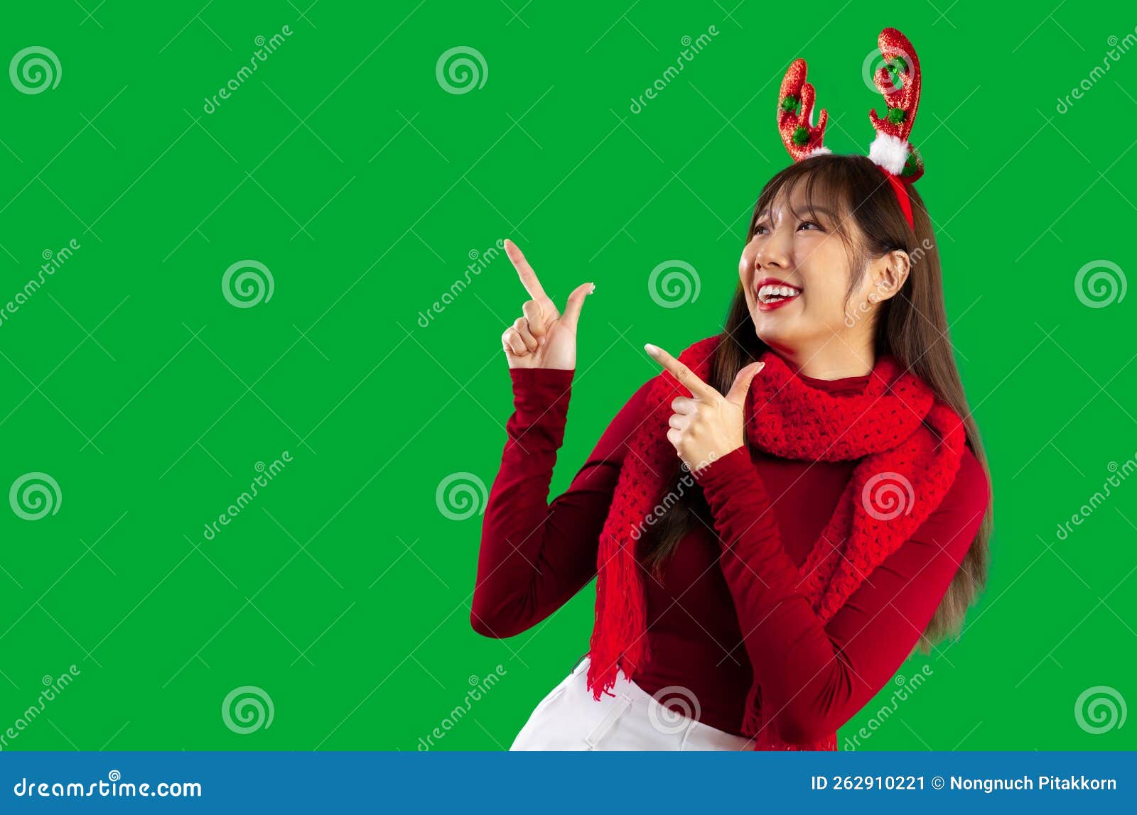 Merry Christmas Asian Woman Long Hair Style Wearing Red Long Sleeve T