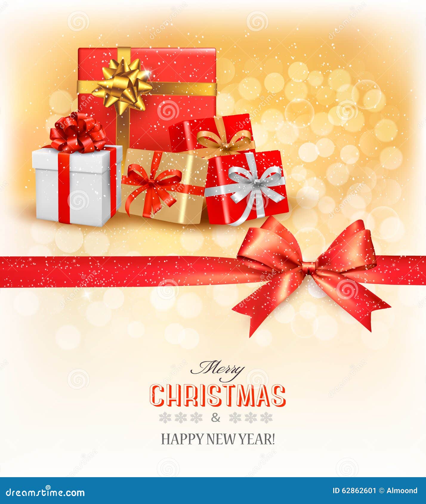 Merry Christmas Card with a Ribbon and Gift Boxes. Stock Vector ...