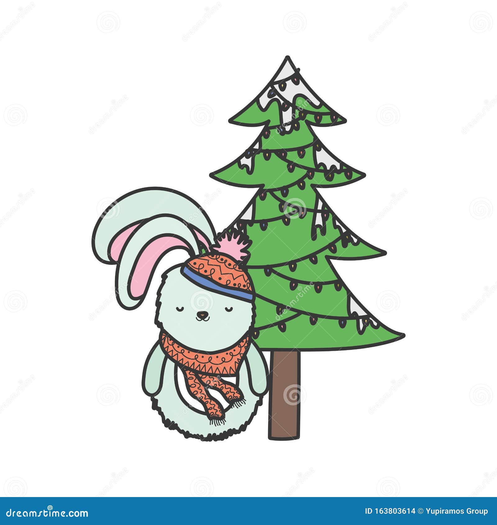Merry Christmas Celebration Rabbit with Scarf and Decorative Tree Stock ...
