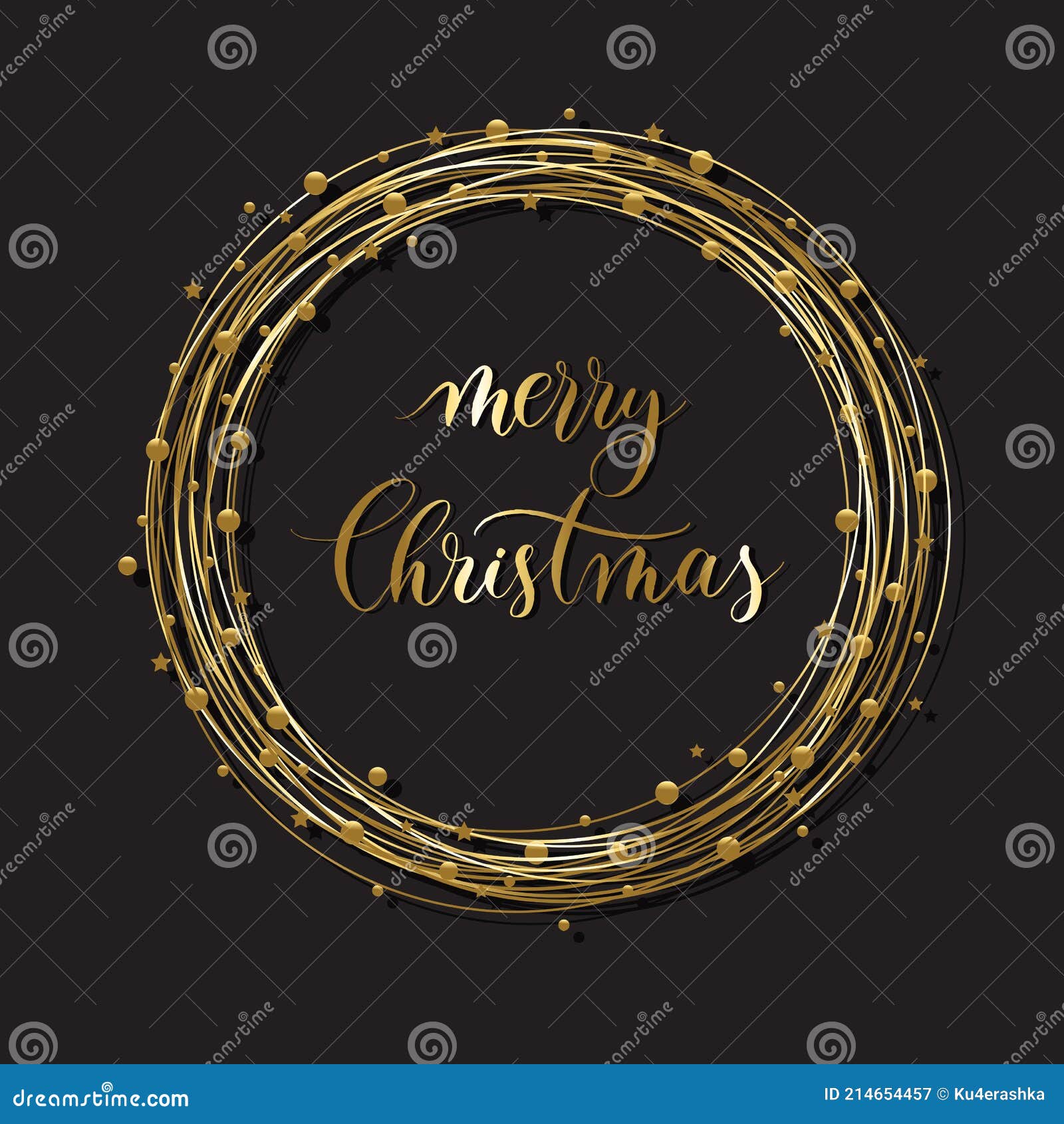 Merry Christmas Gold Lettering Background With Golden Round Fram Stock