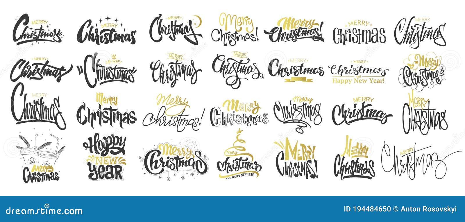 Merry Christmas Gold Lettering Design Set Vector Illustration Stock ...