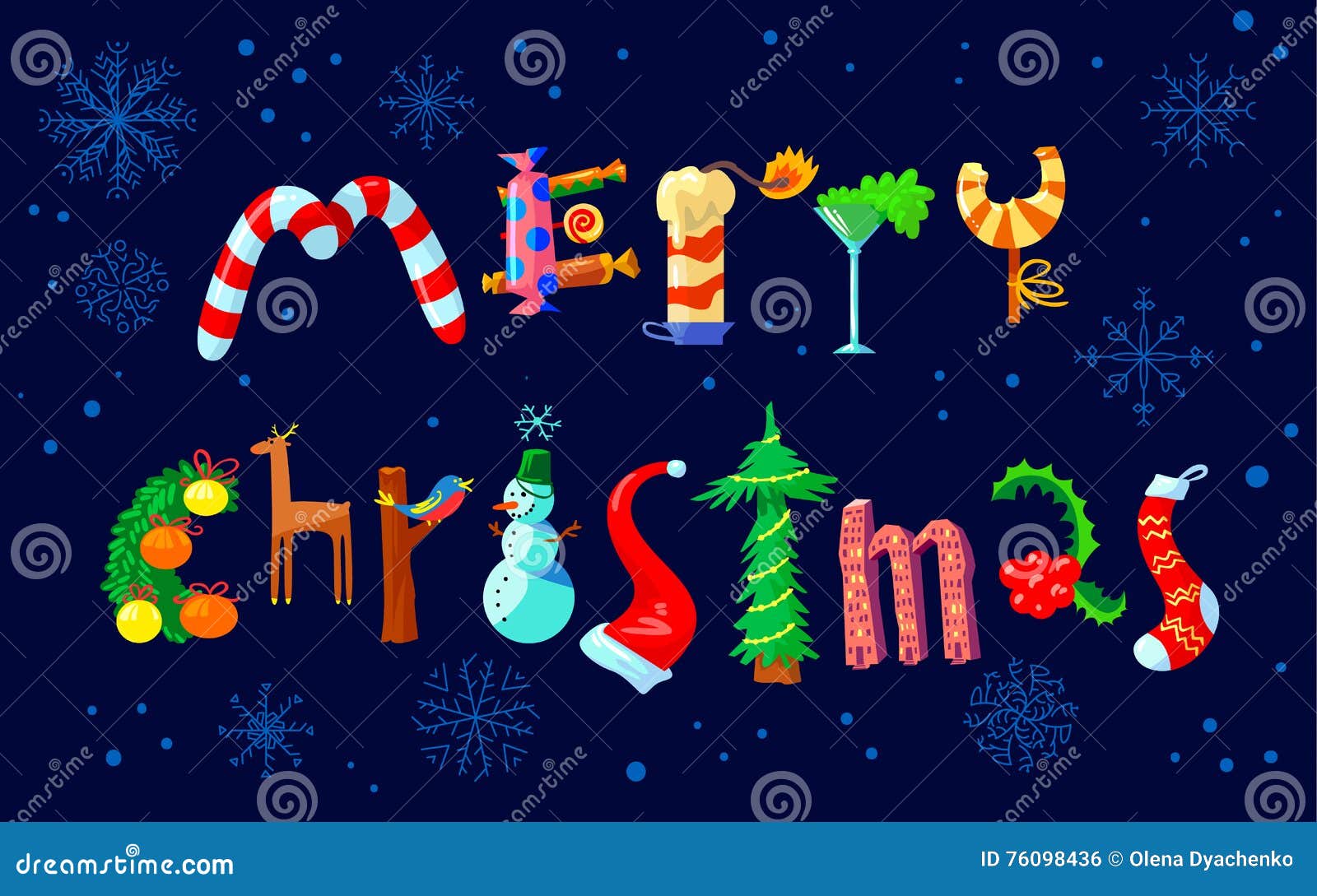 Merry Christmas Hand Drawing Lettering The Letters Silhouettes Stock