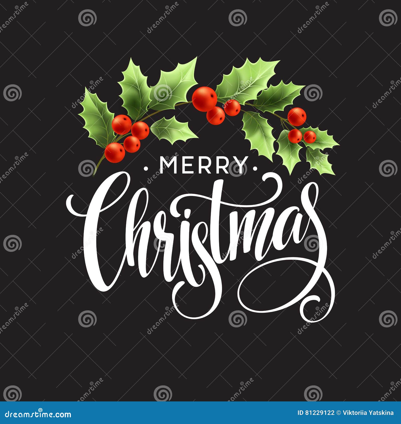 Merry Christmas Lettering With Holly Berry Vector Illustration Stock