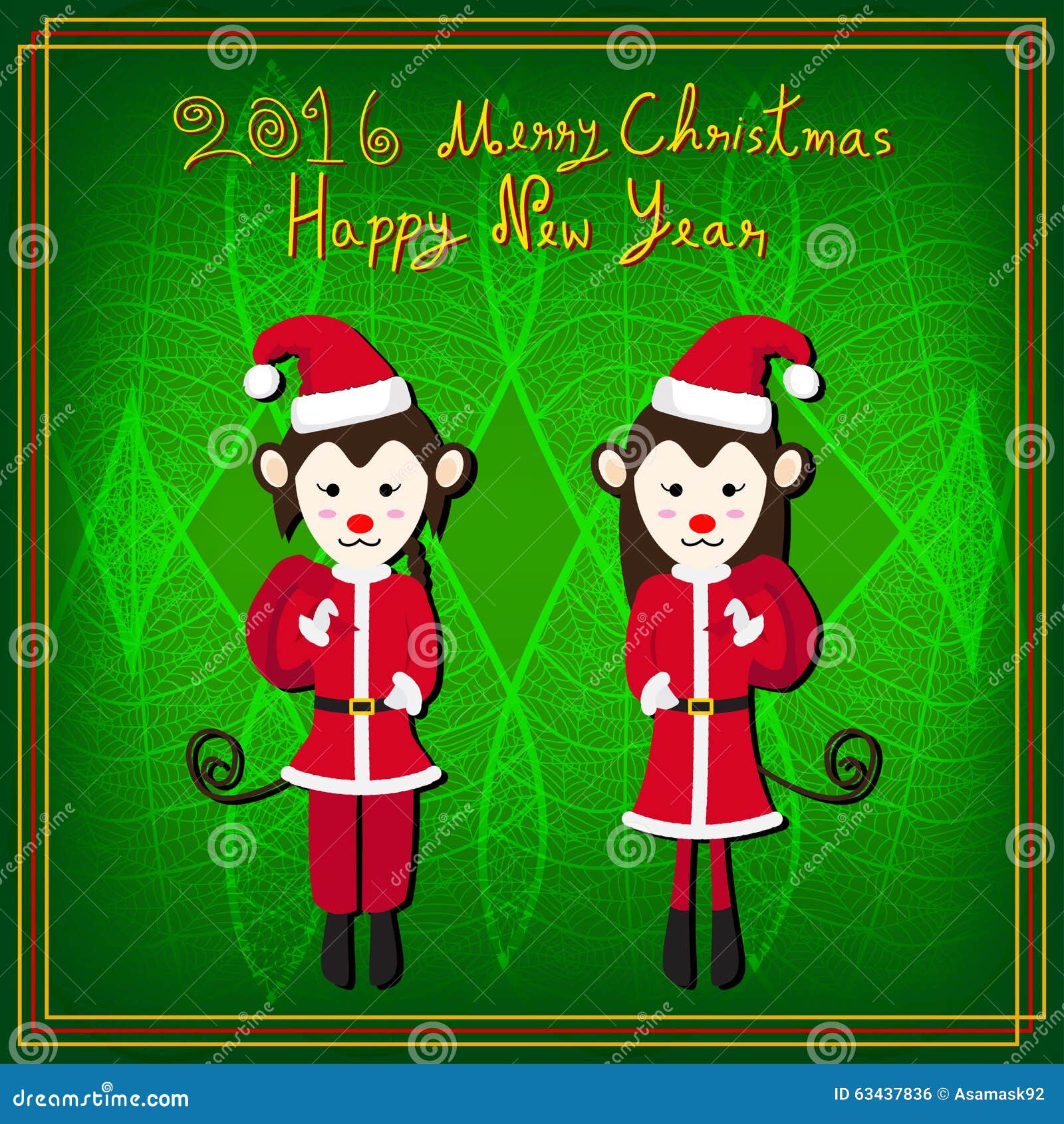 Merry Christmas Monkey Santa Green Background Stock Vector ...