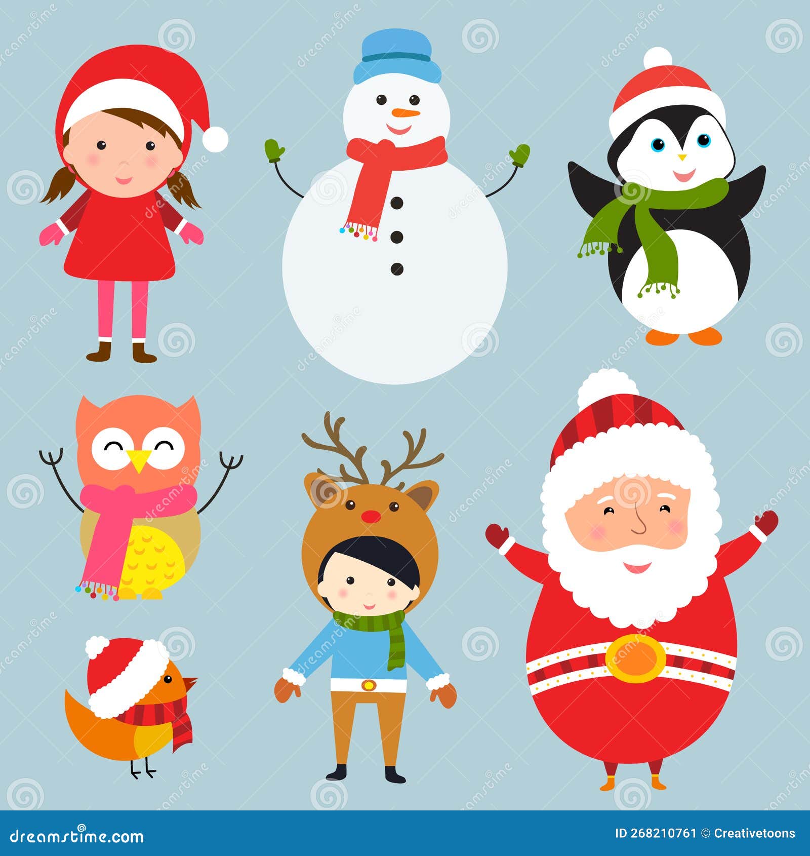 Merry Christmas! Set of Cute Cartoon Christmas Characters Stock Vector ...