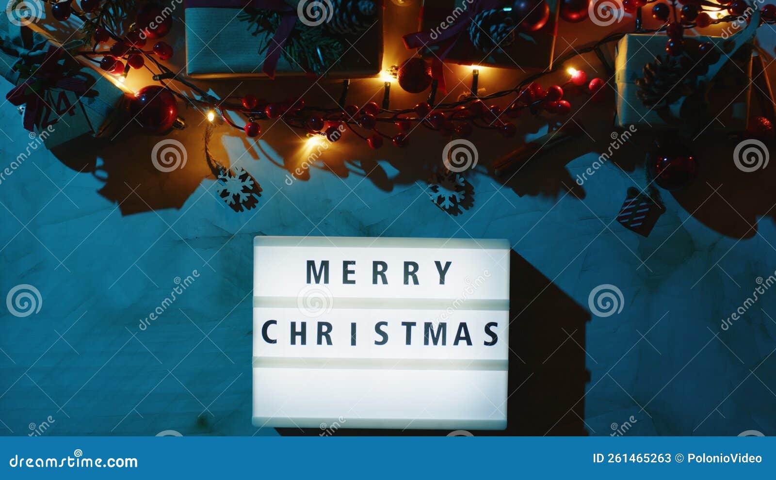 Merry Christmas Signboard At Night Near The Presents Stock Image