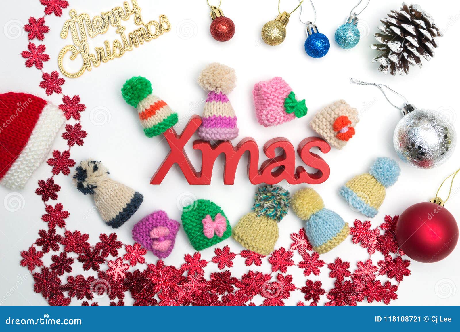 Merry Christmas Text and Christmas Decorations on White Background ...