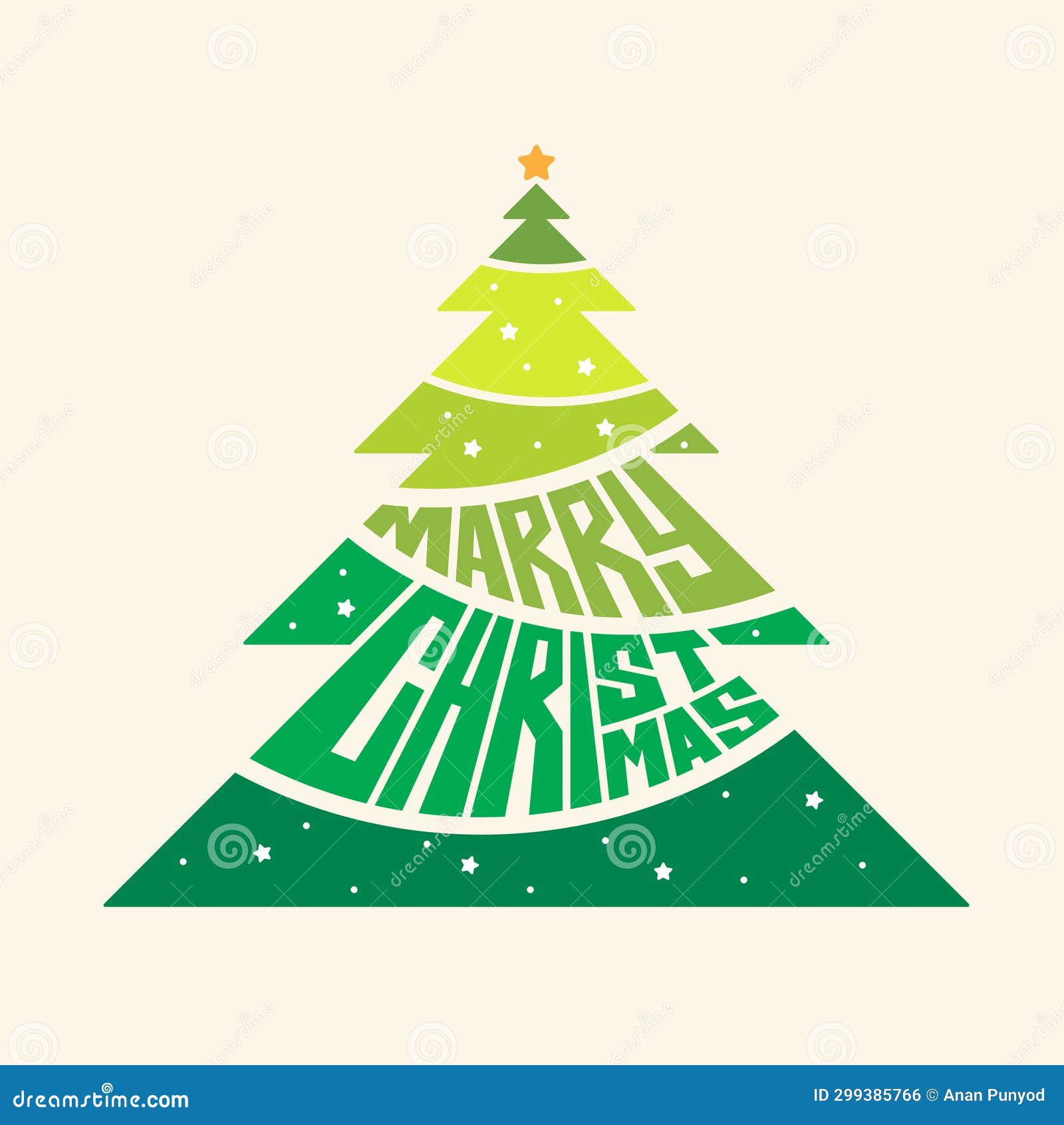 Merry Christmas Text in Green Christmas Tree with Star Sign Around ...