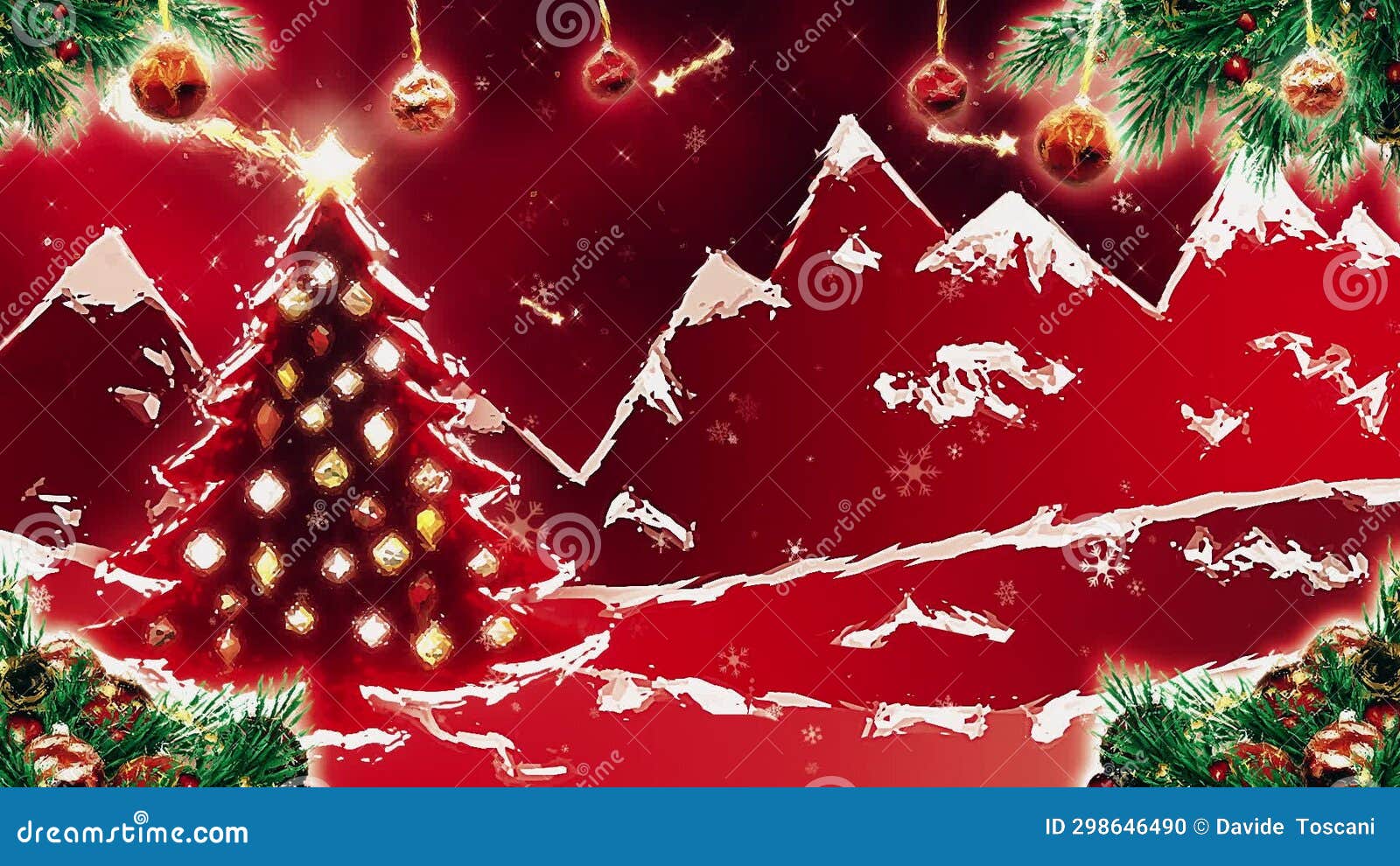 Merry Christmas Tree with Falling Snow and Decorations Loop Background ...
