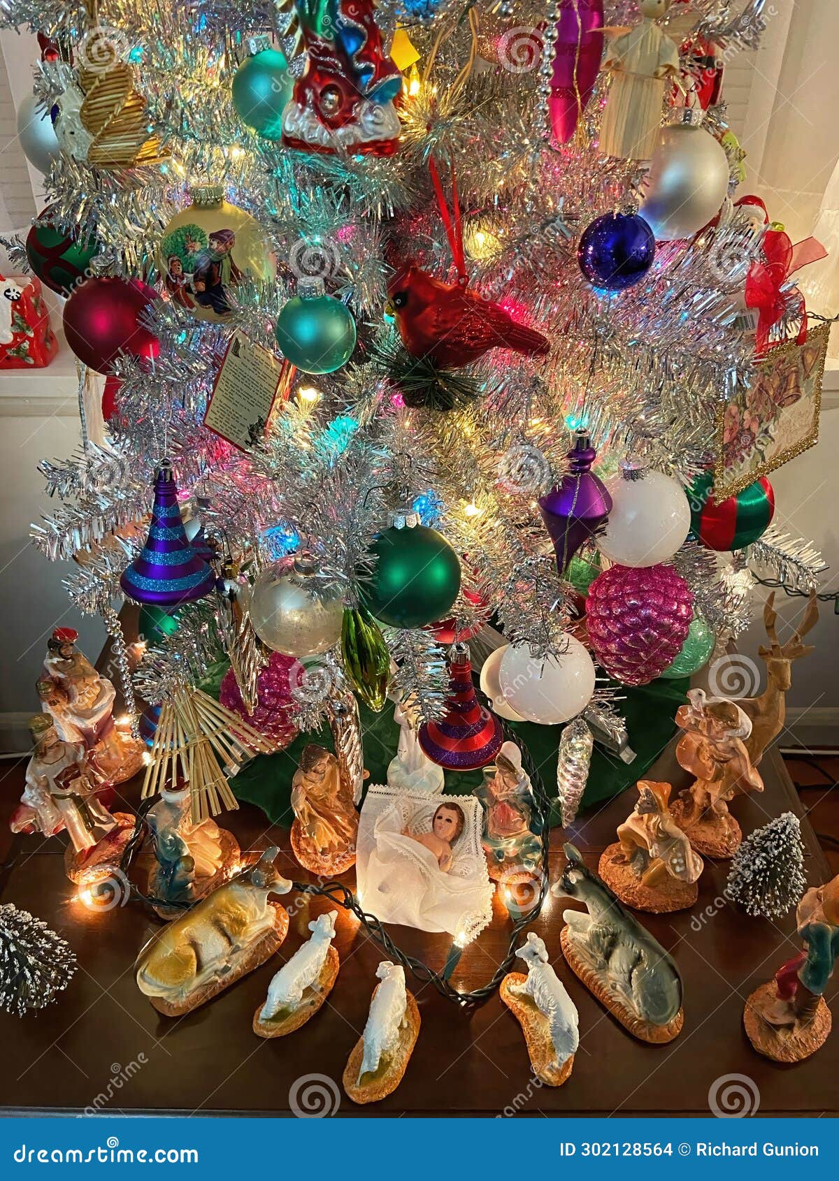 Merry Christmas Tree with Nativity and Ornaments Stock Photo - Image of ...