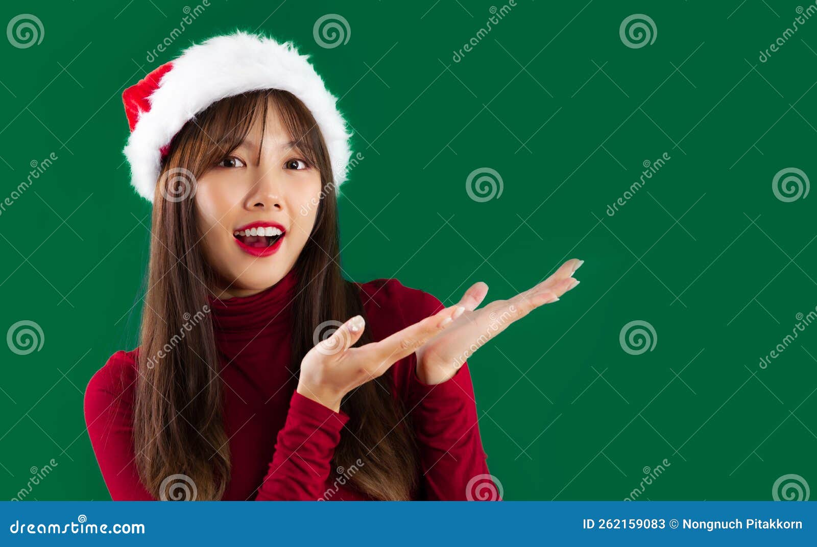 Merry Christmas Young Asian Woman Long Hair Style In Red Long Sleeve T