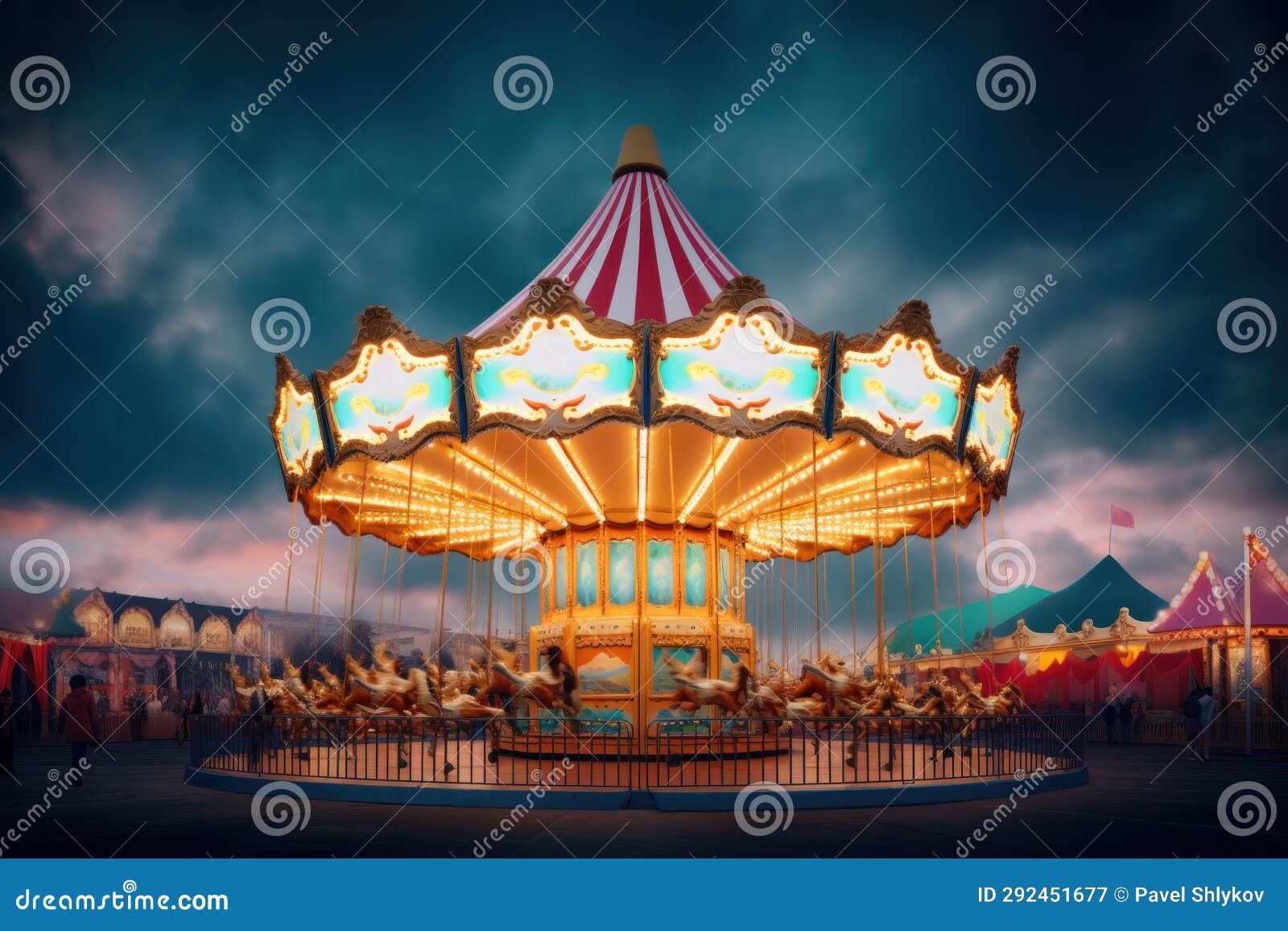 Merry-Go-Round (carousel) Illuminated at Night. Stock Image - Image of ...