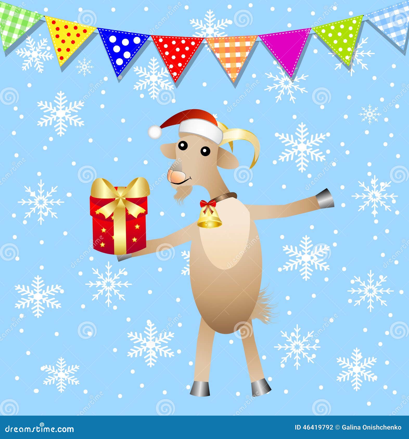 Merry Goat with a Gift and Festive Garland Stock Vector - Illustration ...