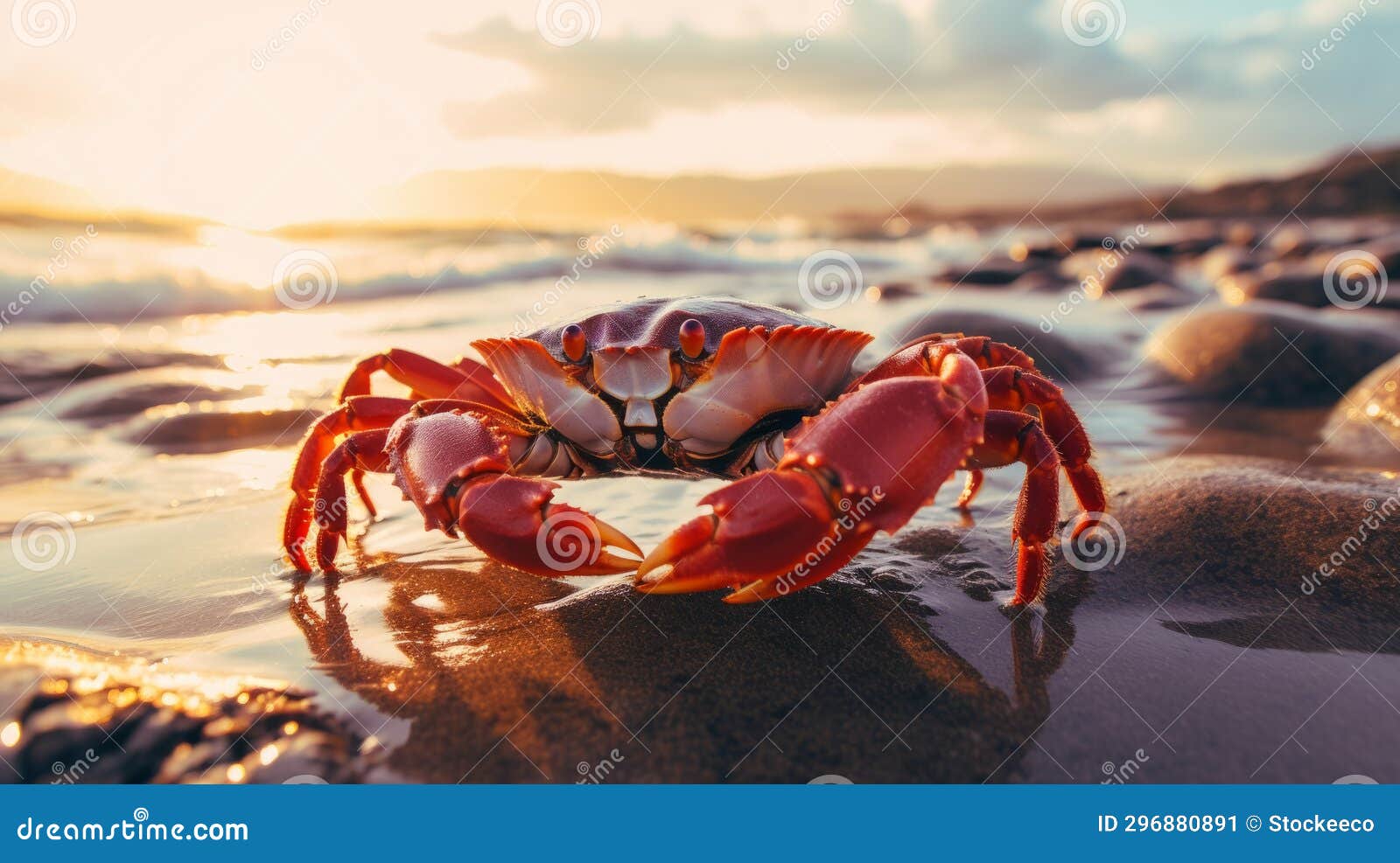 Vivid Sunset Still Life: Realistic Red Crab on Beach Stock Illustration ...