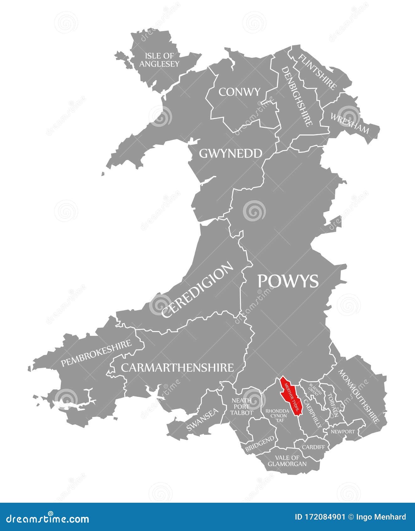 Merthyr Tydfil Red Highlighted in Map of Wales Stock Illustration ...