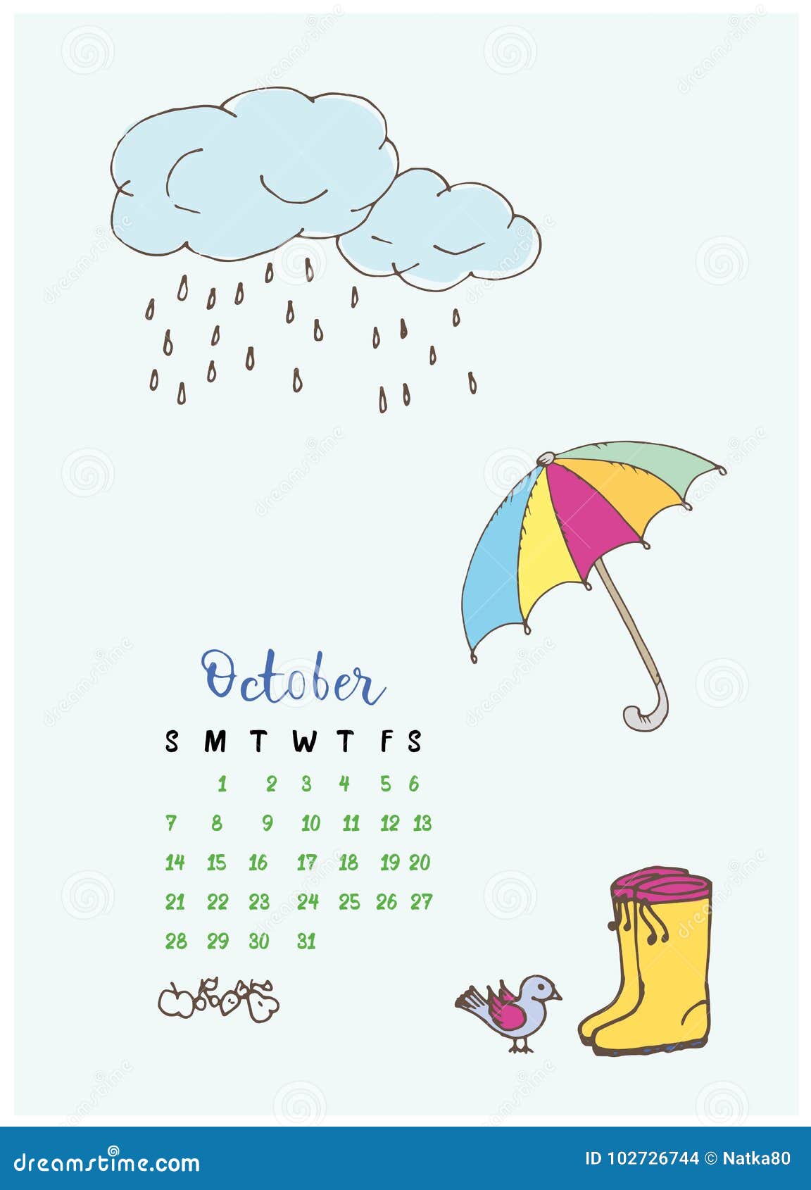 Mes Calendario Octubre De 2018, Paraguas Y Botas Ilustración del Vector ...