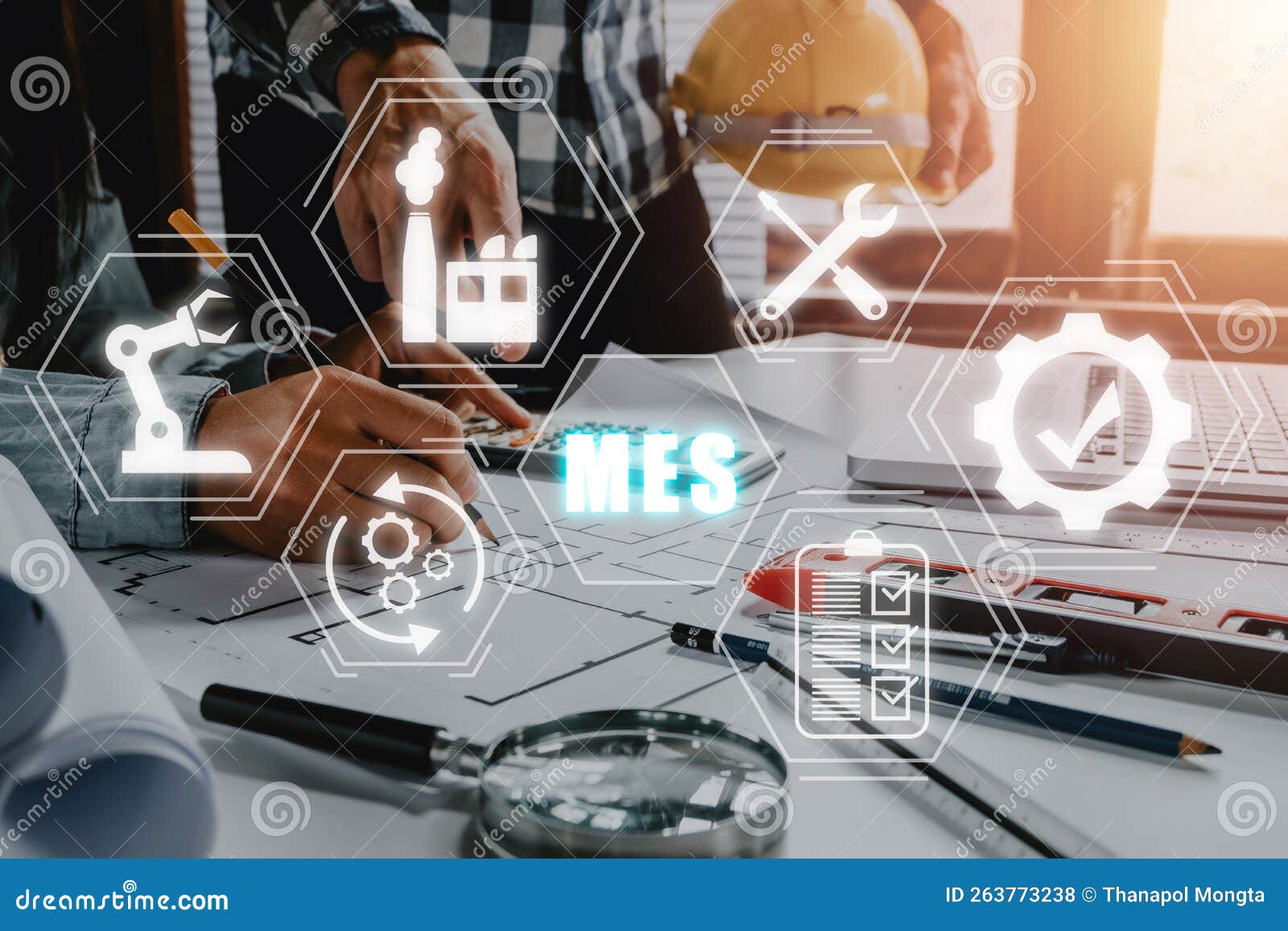 Construction Team Worker Working in Office with Mes Icon on Virtual ...