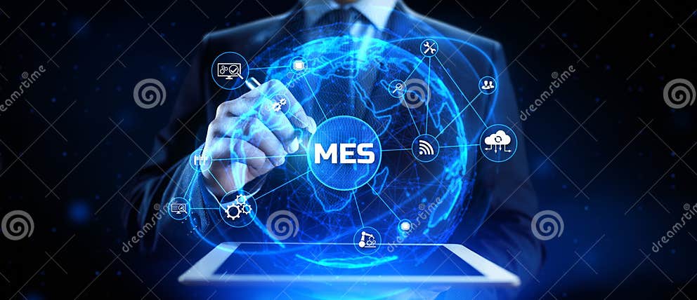 MES Manufacturing Execution System Technology Concept on Virtual Screen ...