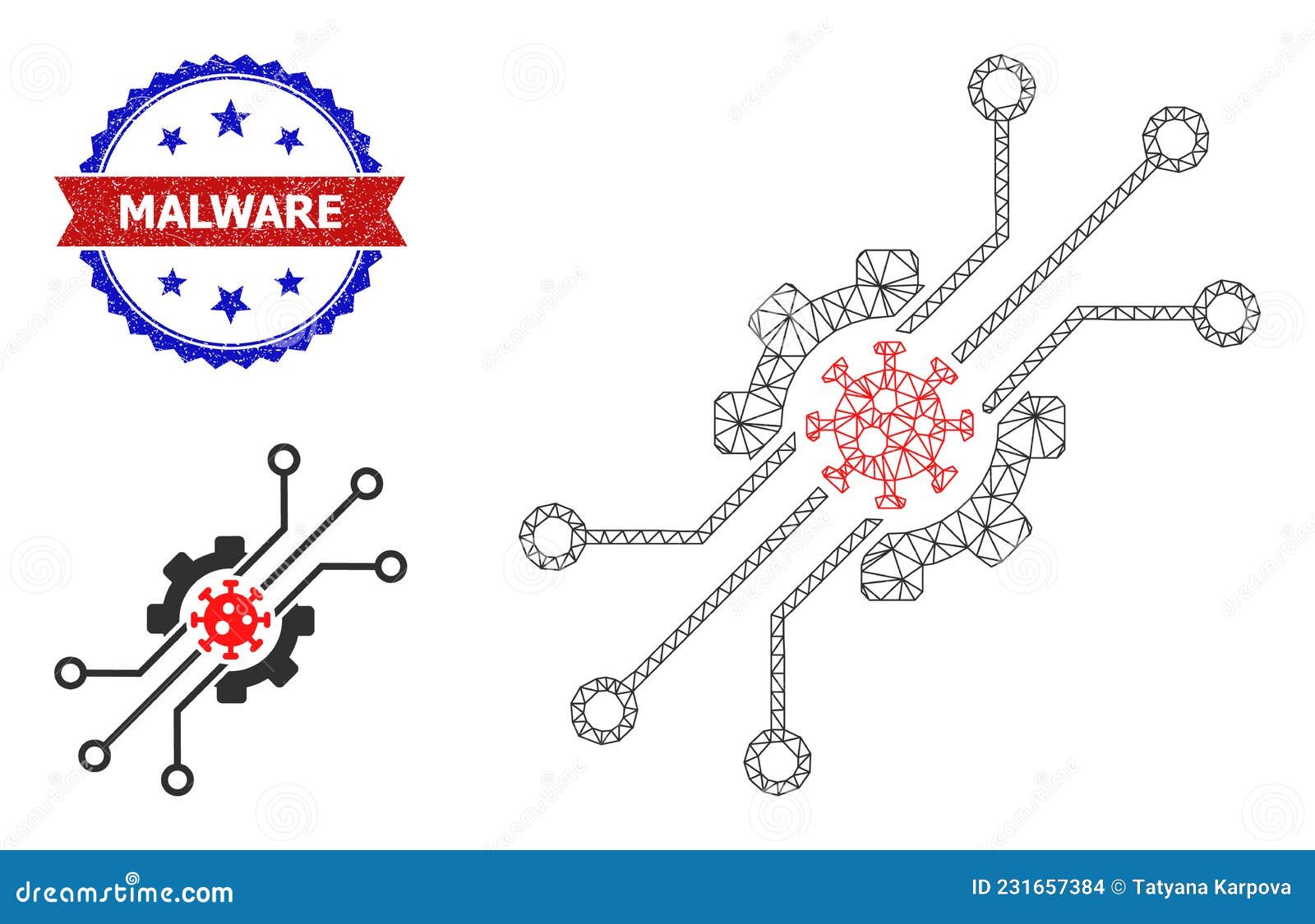 Triangle Mesh Artificial Virus Icon and Unclean Bicolor Malware Stamp ...