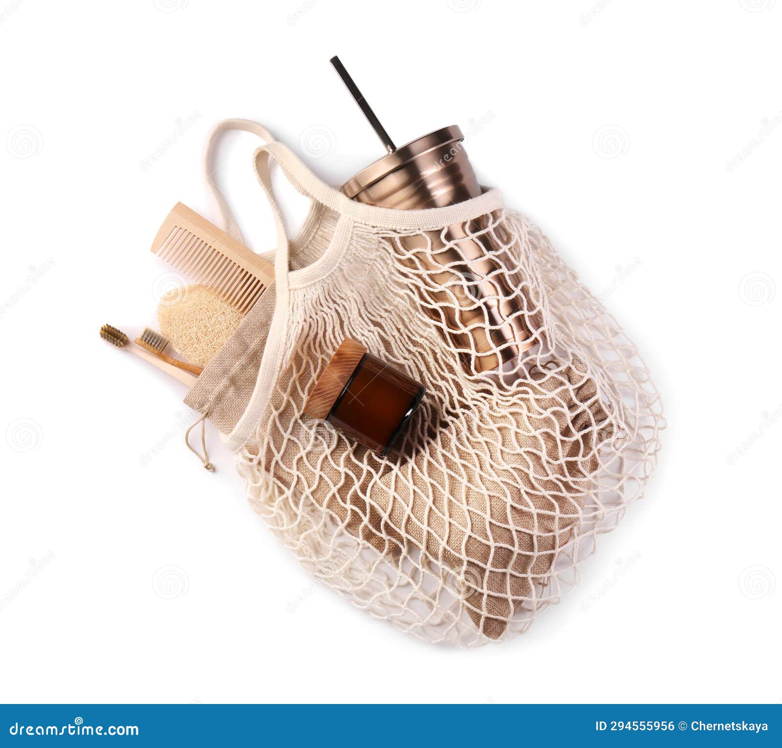 Mesh Bag with Different Items Isolated on White, Top View. Conscious ...