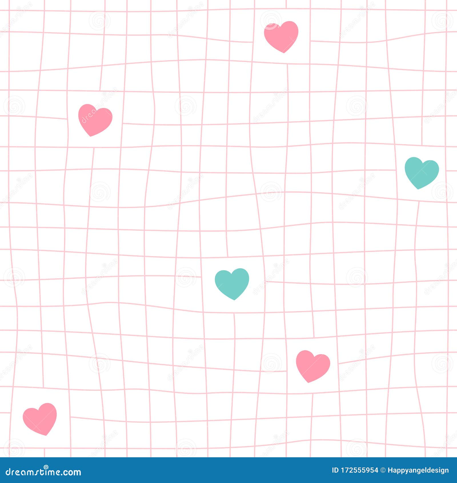 Mesh and Cute Heart Shape Seamless Pattern. Hand Drawn Pink Grid Line ...