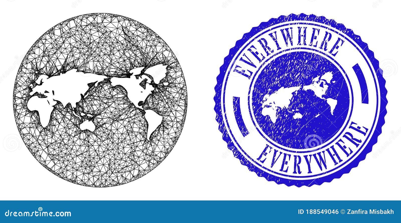 Mesh 2D Inverted World Map and Grunge Circle Stamp Stock Vector ...