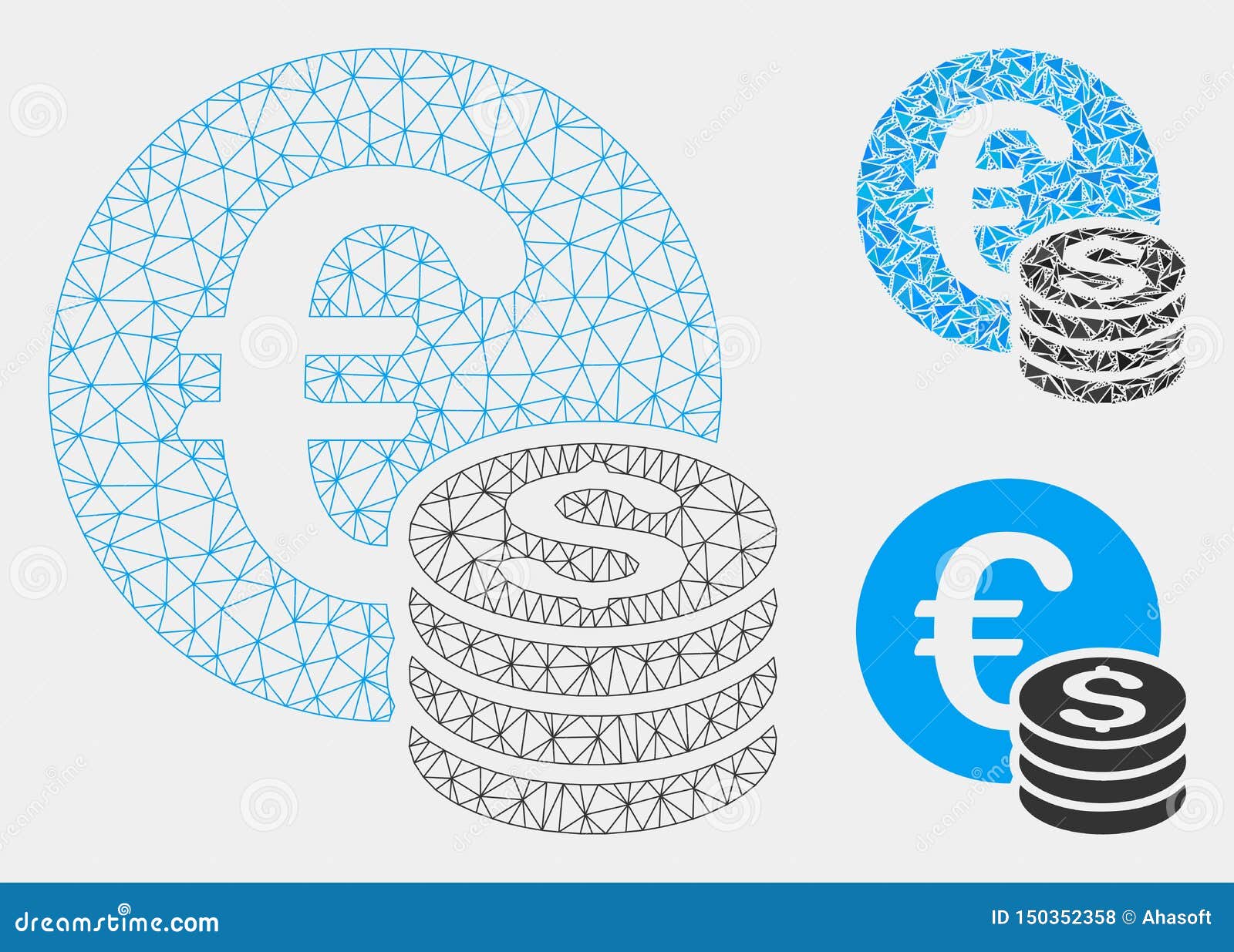 Euro and Dollar Coins Vector Mesh Carcass Model and Triangle Mosaic ...