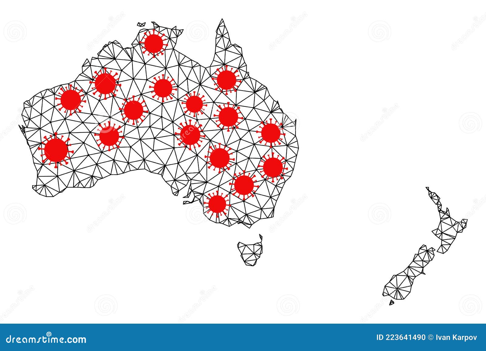 Mesh Polygonal Map of Australia and New Zealand with Red Infection ...