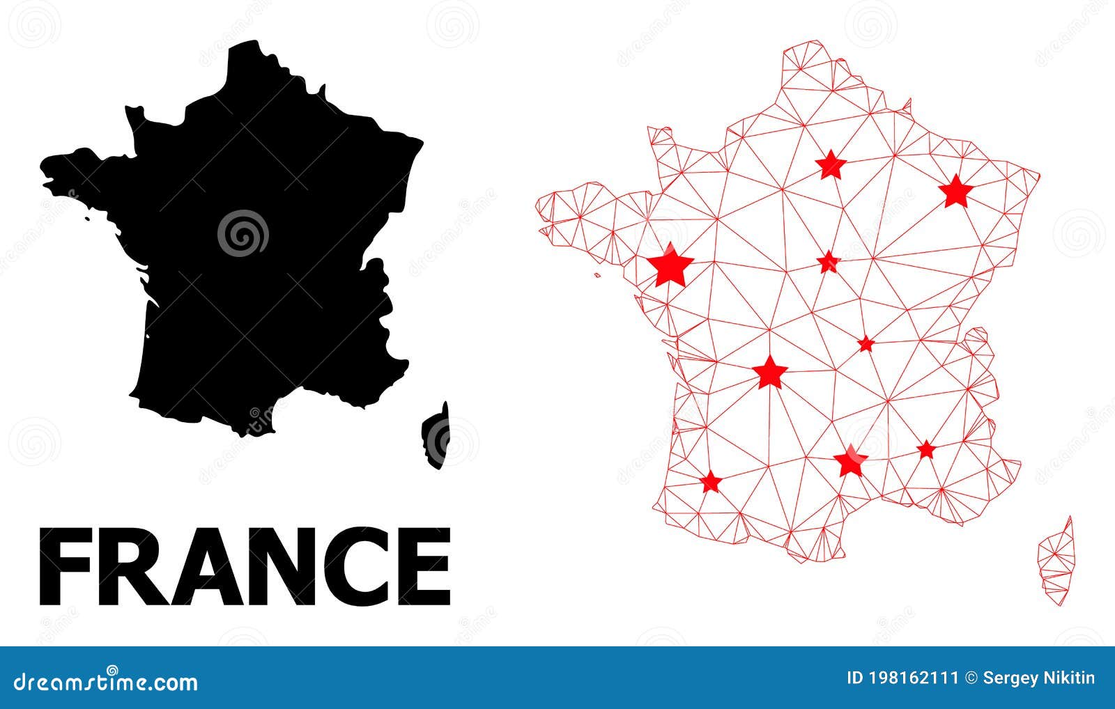 Mesh Polygonal Map of France with Red Stars Stock Vector - Illustration ...