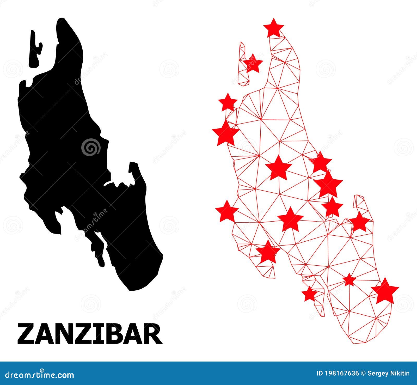 Mesh Polygonal Map of Zanzibar Island with Red Stars Stock Vector ...