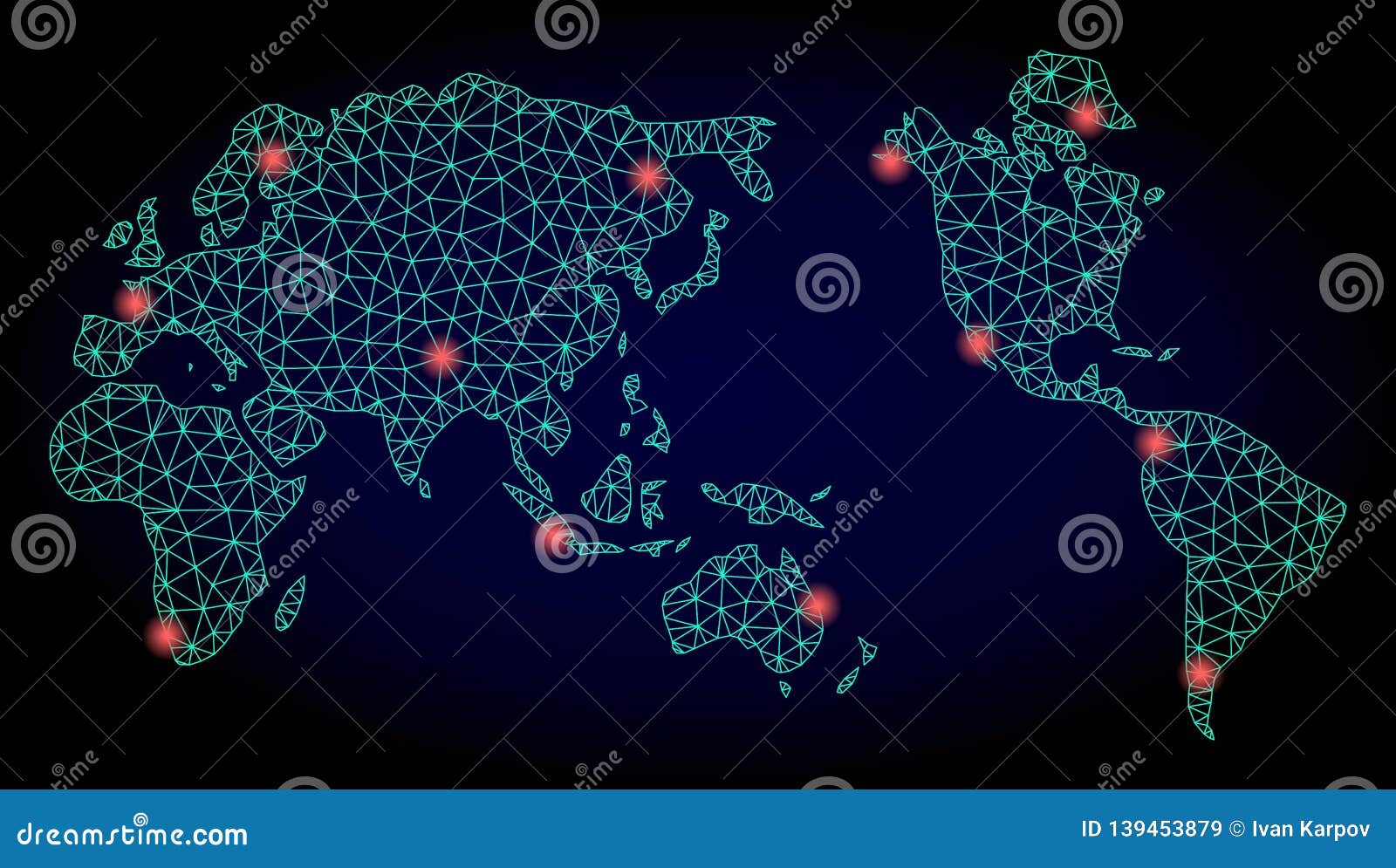 Polygonal Wire Frame Mesh Map of Earth V3 with Red Light Spots Stock ...