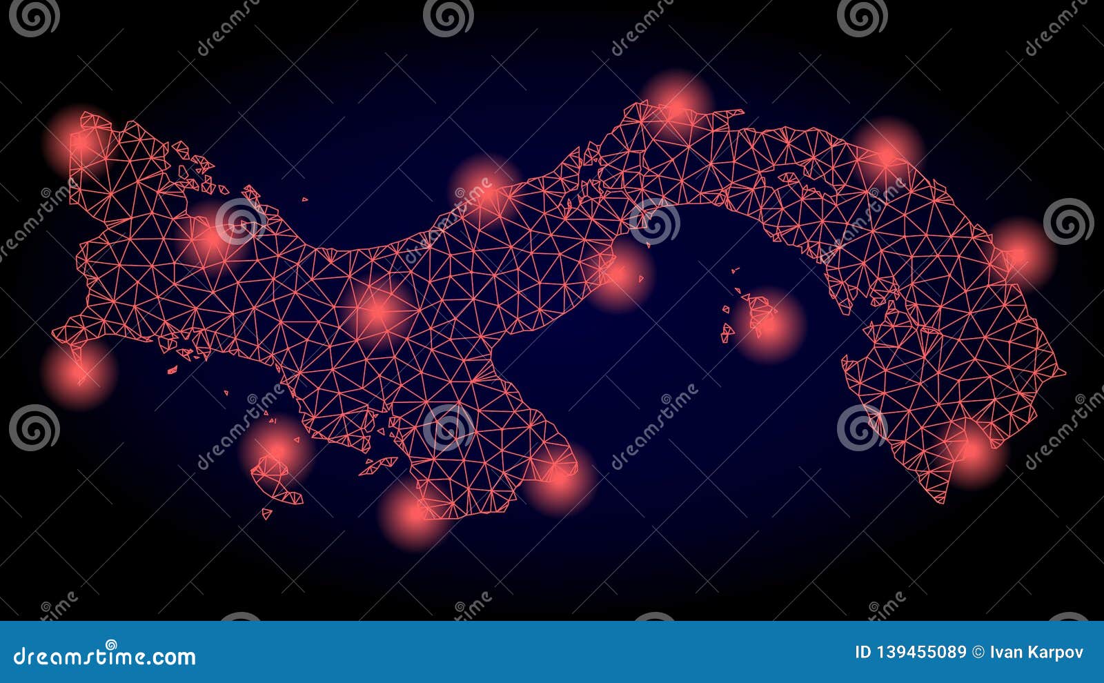 Polygonal Wire Frame Mesh Map of Panama with Red Light Spots Stock ...