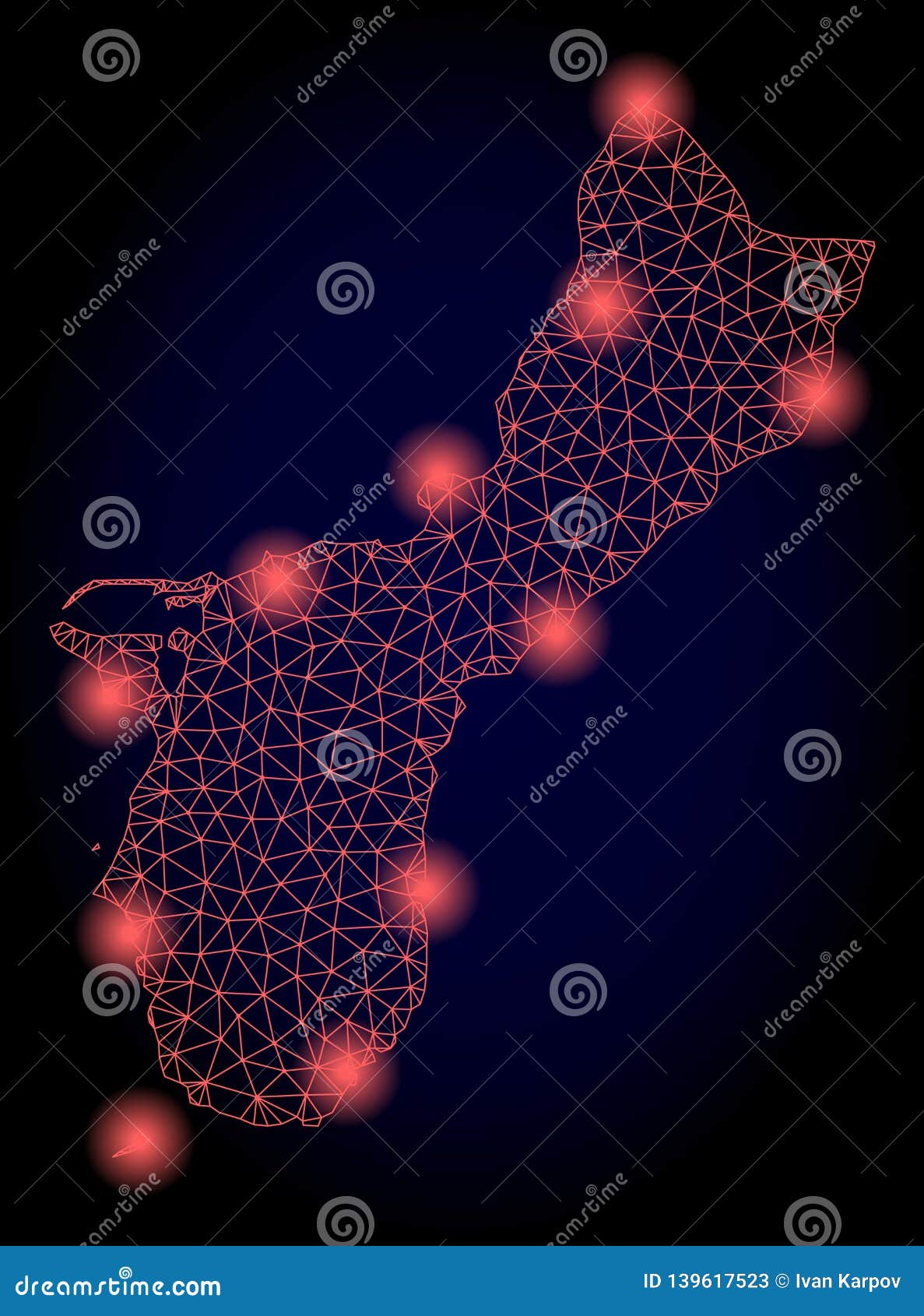 Polygonal Wire Frame Mesh Map of Guam Island with Red Light Spots Stock ...