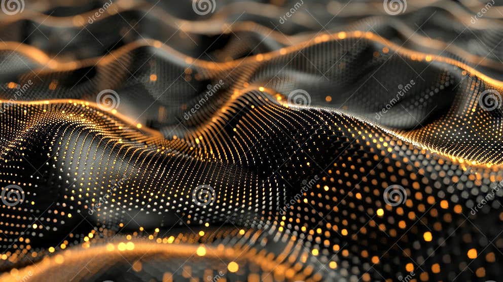 Abstract Digital Landscape with Dynamic Waveforms. Glowing Dots Create ...