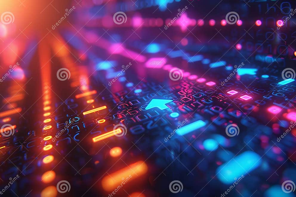 Vibrant Digital Landscape Depicting Flowing Binary Code Illuminated by Neon Colors, Showcasing ...