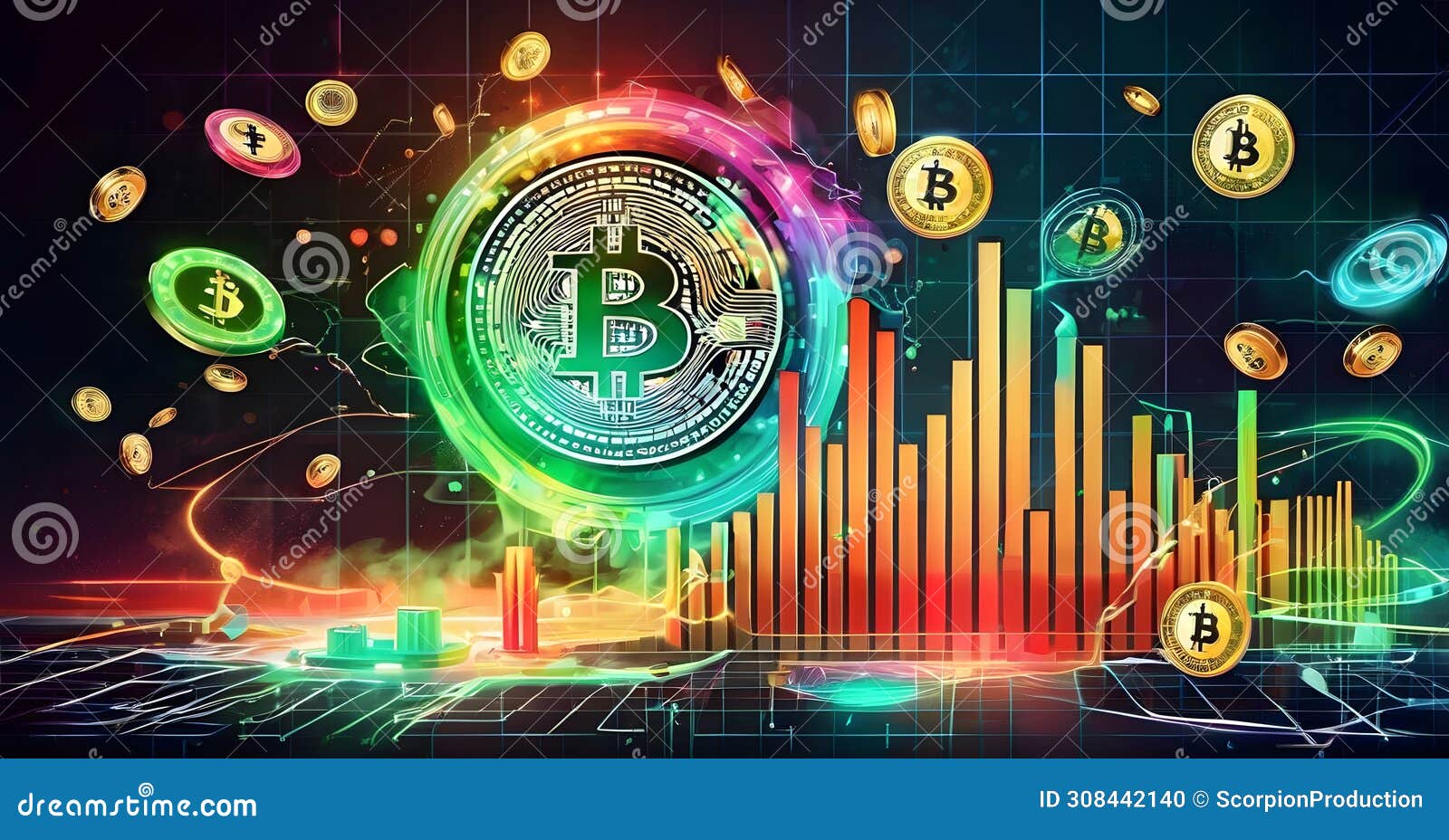 Bitcoin Circles Float in Dark Artistic Background with Visual Effect ...