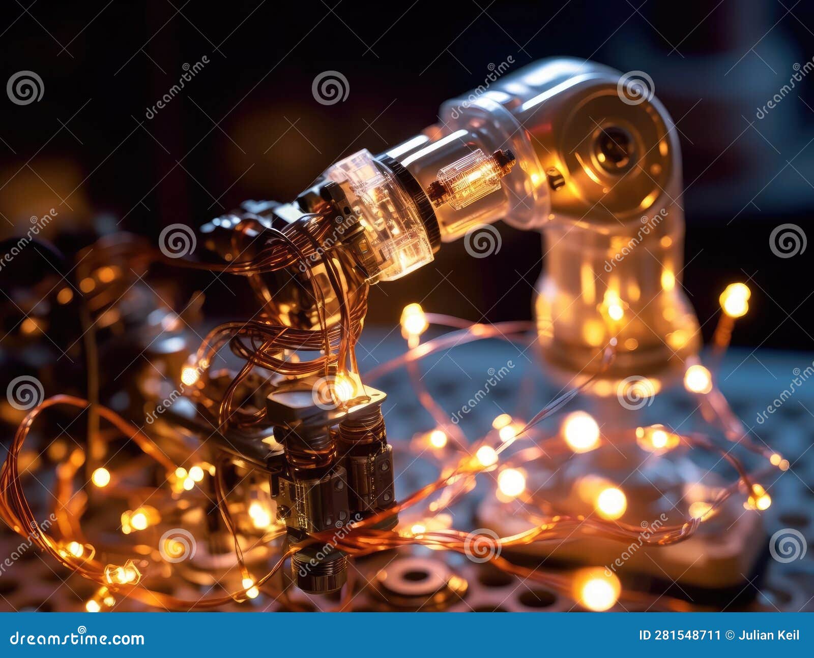 Glowing Robotic Arm Assembling Intricate Mechanical Device Stock ...