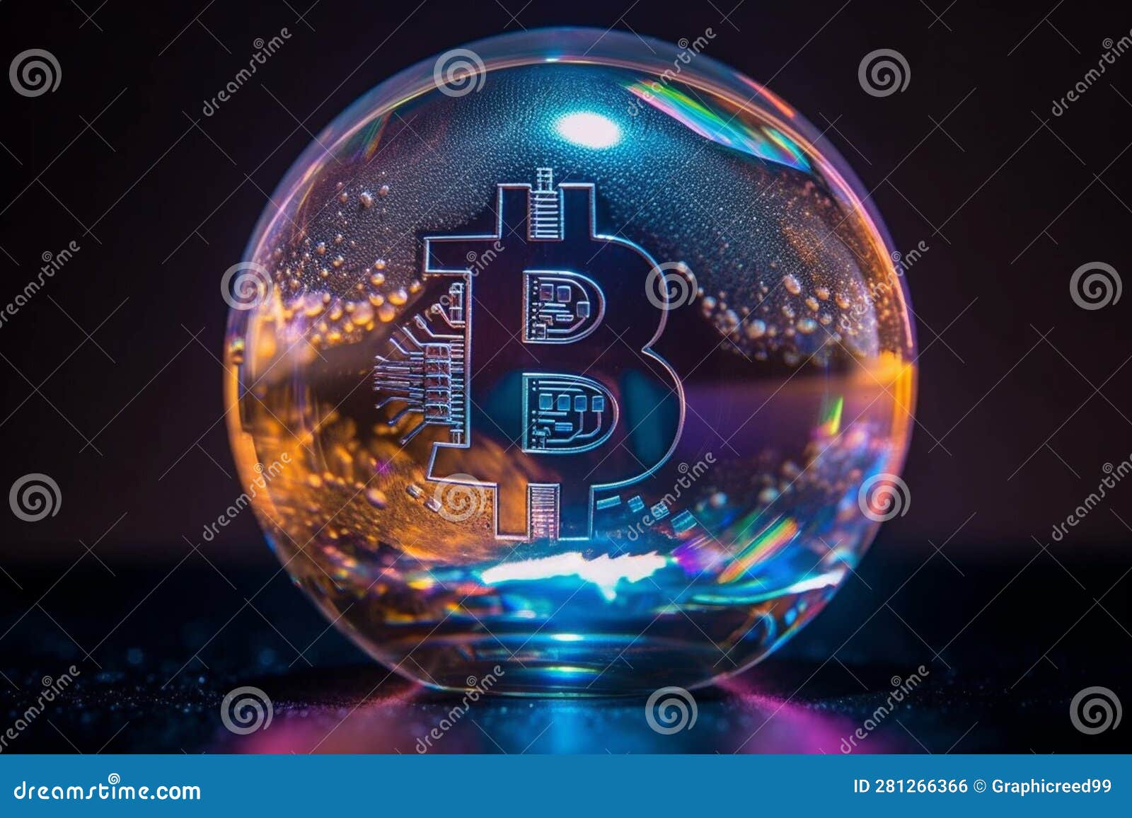 Ai Generative Bitcoin in a Crystal Ball on a Black Background. Bitcoin is Reflected in a Crystal ...