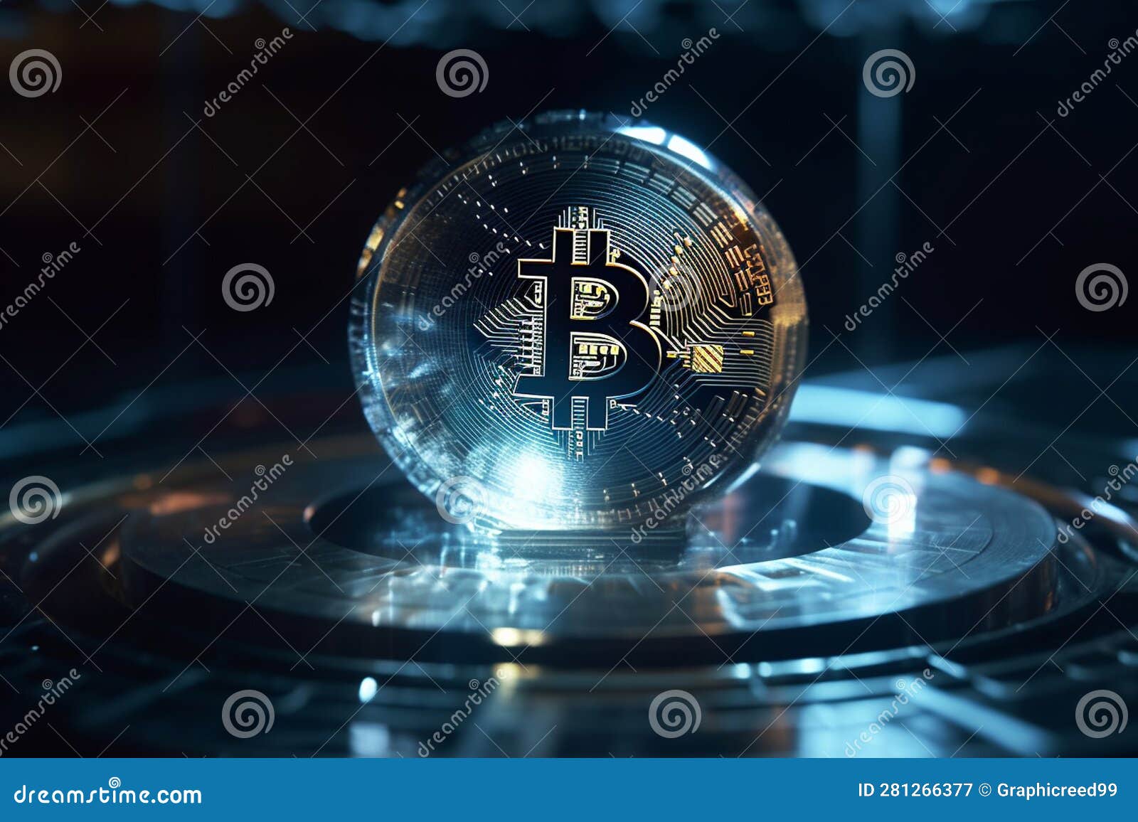 Ai Generative Bitcoin in a Crystal Ball on a Black Background. Bitcoin is Reflected in a Crystal ...