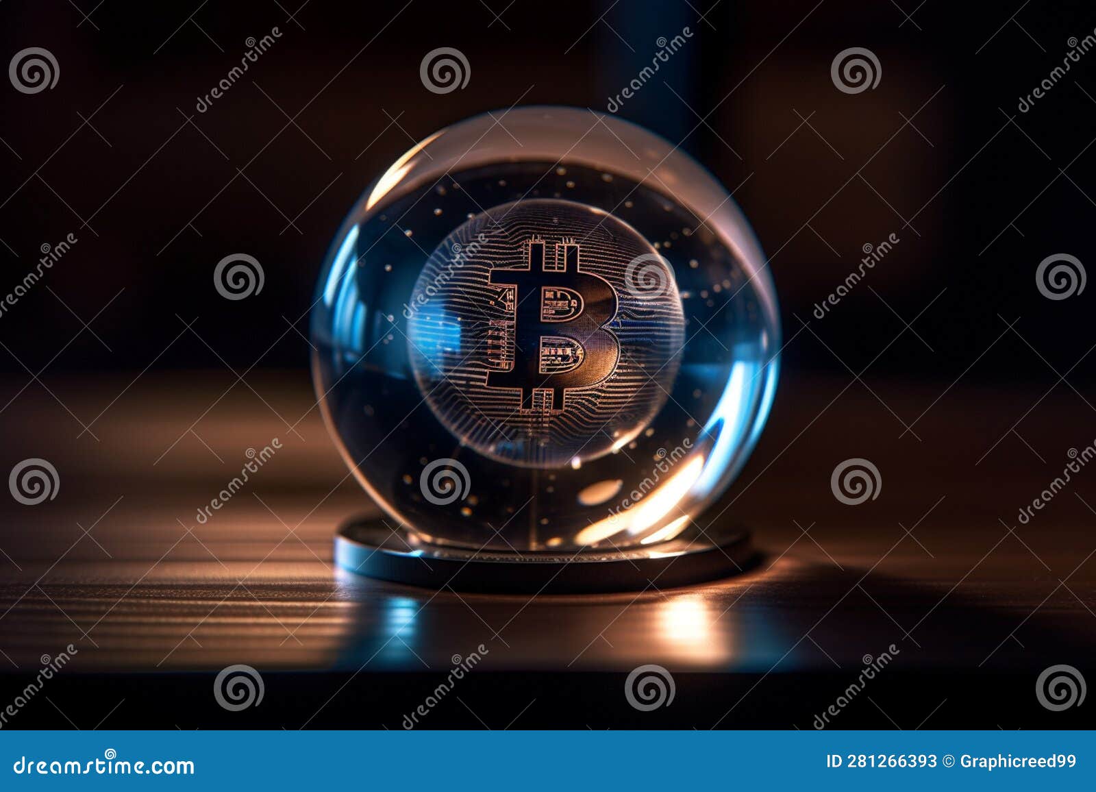 Ai Generative Bitcoin in a Crystal Ball on a Black Background. Bitcoin is Reflected in a Crystal ...