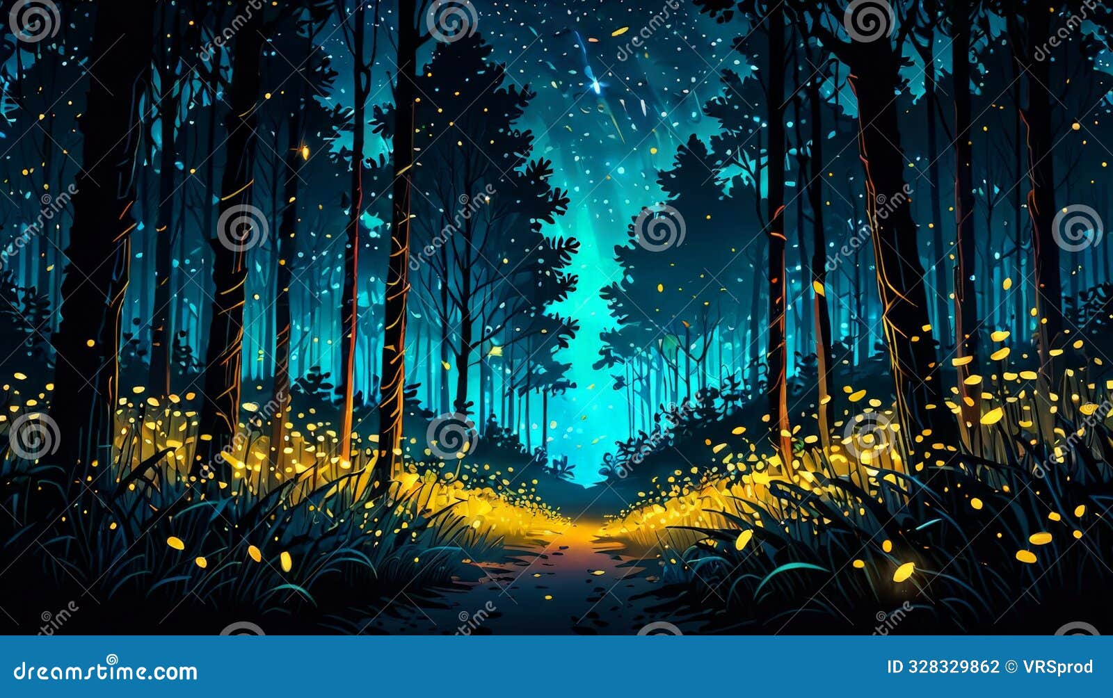 Enchanted Forest with Glowing Fireflies Under a Starry Sky Stock Photo ...