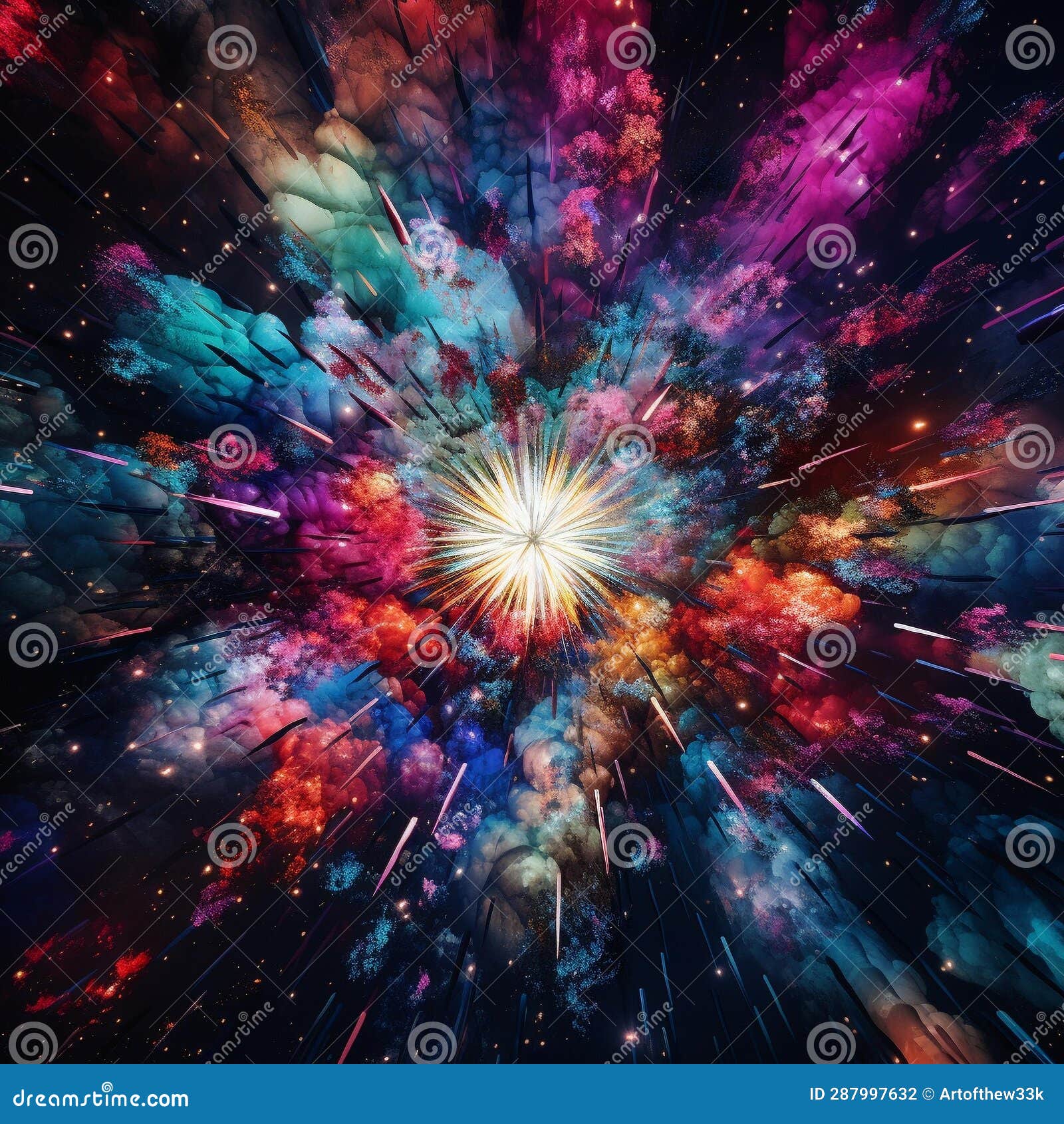 Explosive Bursting Flowers: Colorful Fireworks Against Starry Night Sky ...