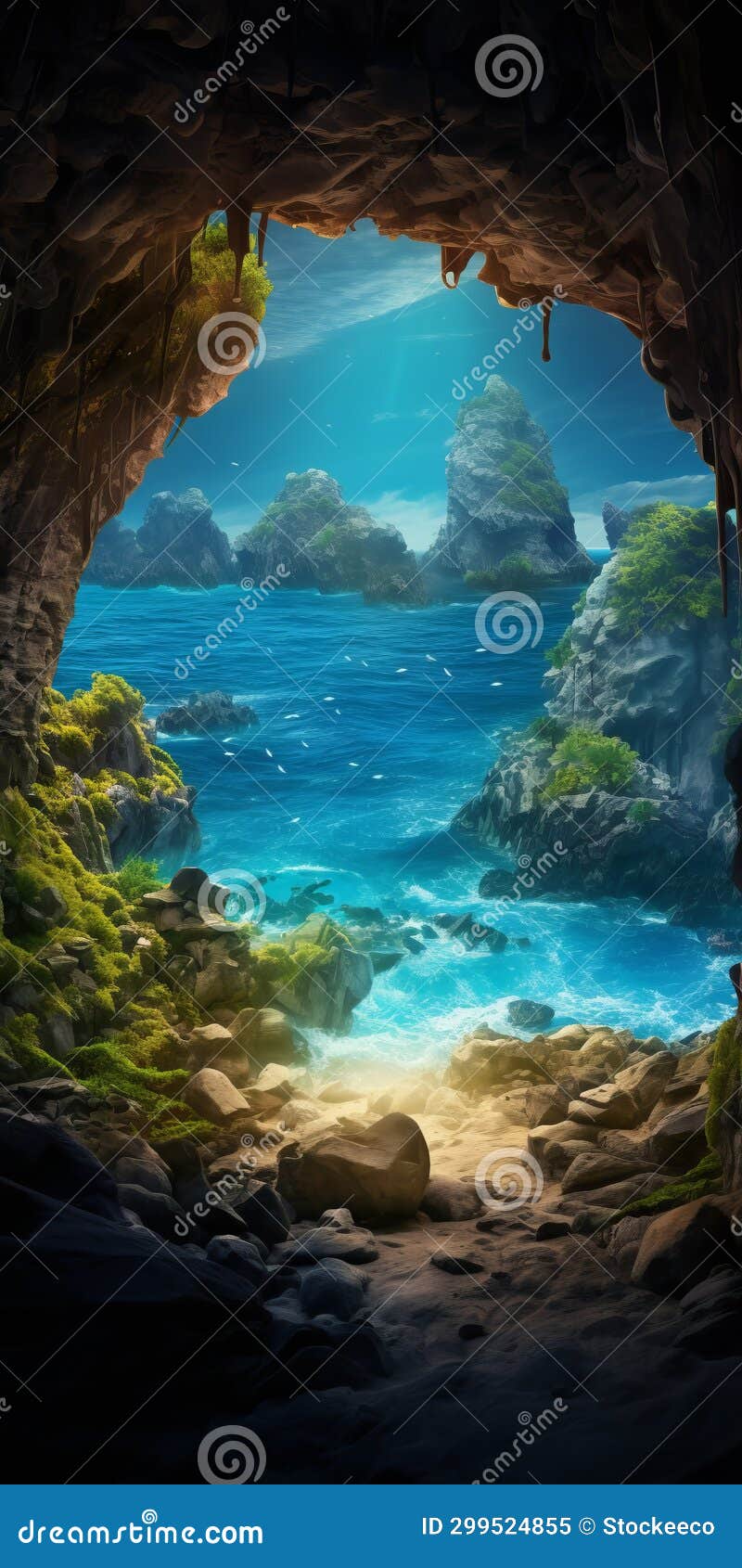 Vibrant Fantasy Cave with Ocean View Stock Illustration - Illustration ...