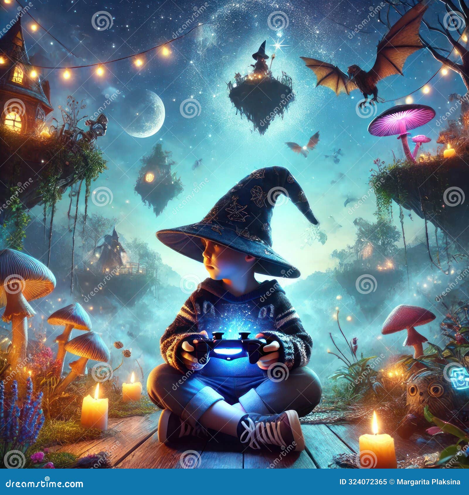 Child Wizard Gaming in Enchanted Forest with Floating Islands and ...
