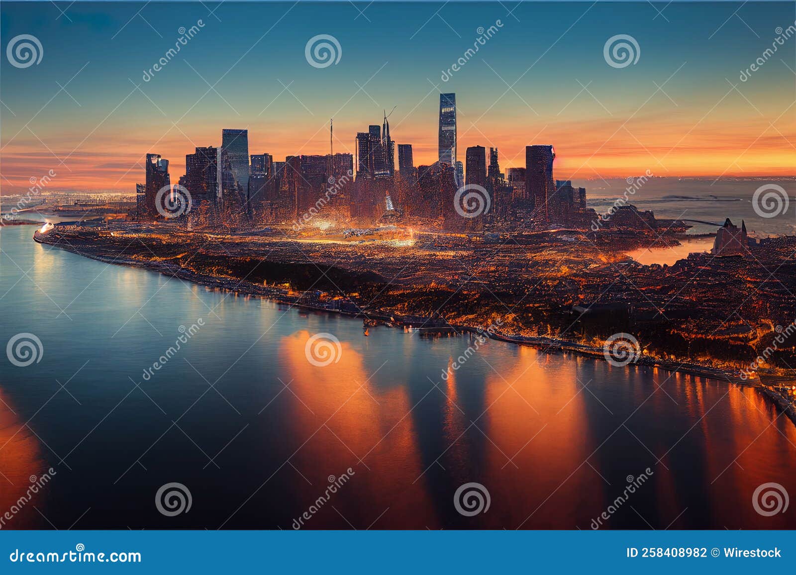 Mesmerizing Illustration of a Flaming City at the Shore Stock ...