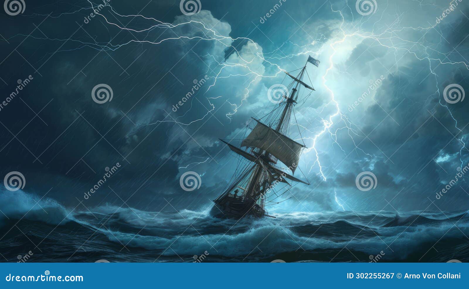 Electrifying Tempest: Sailing Ship Struck by Lightning Amid Ocean Storm ...