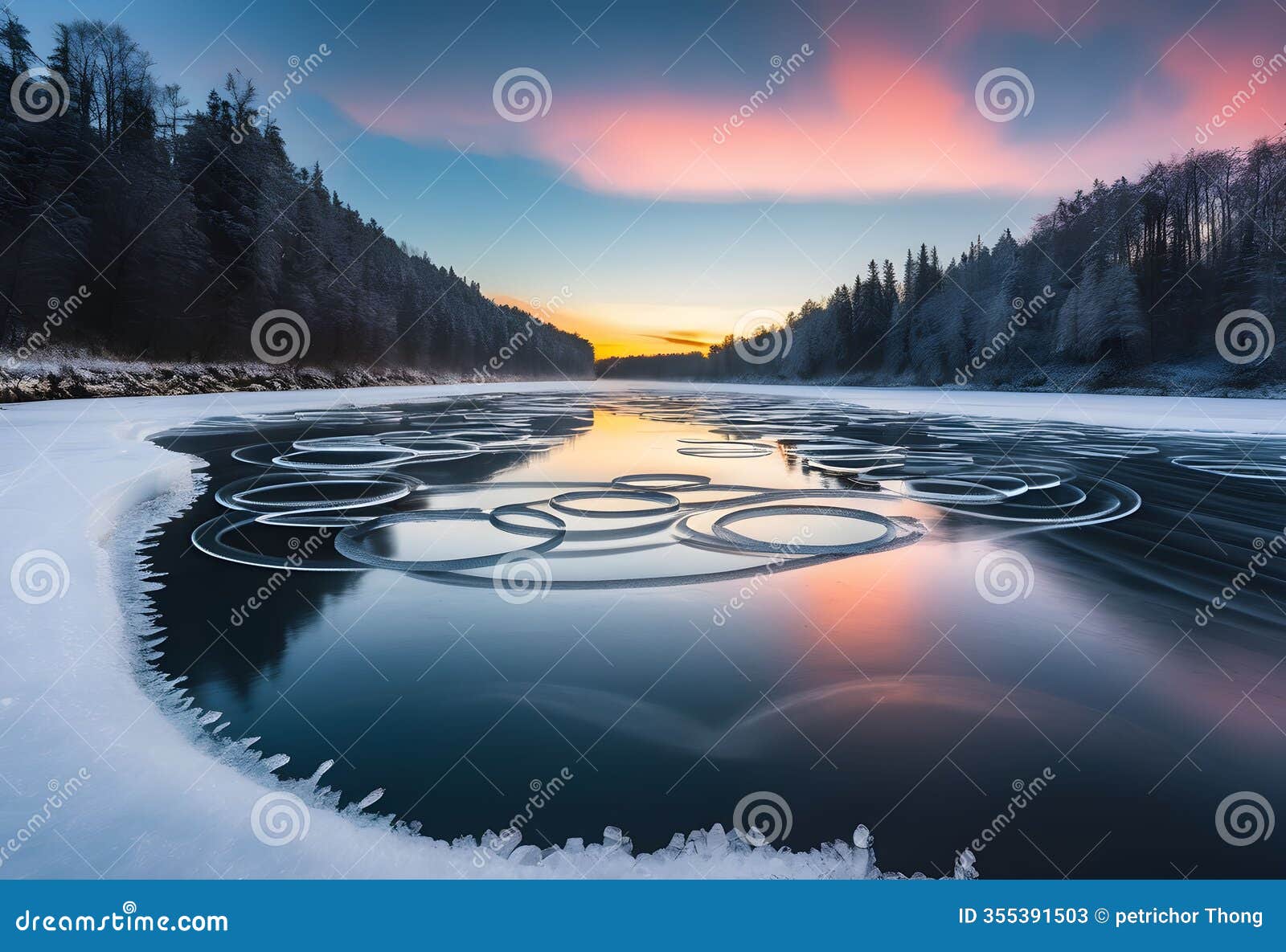 Fascinating Ice Circles on a Frozen River Stock Illustration ...