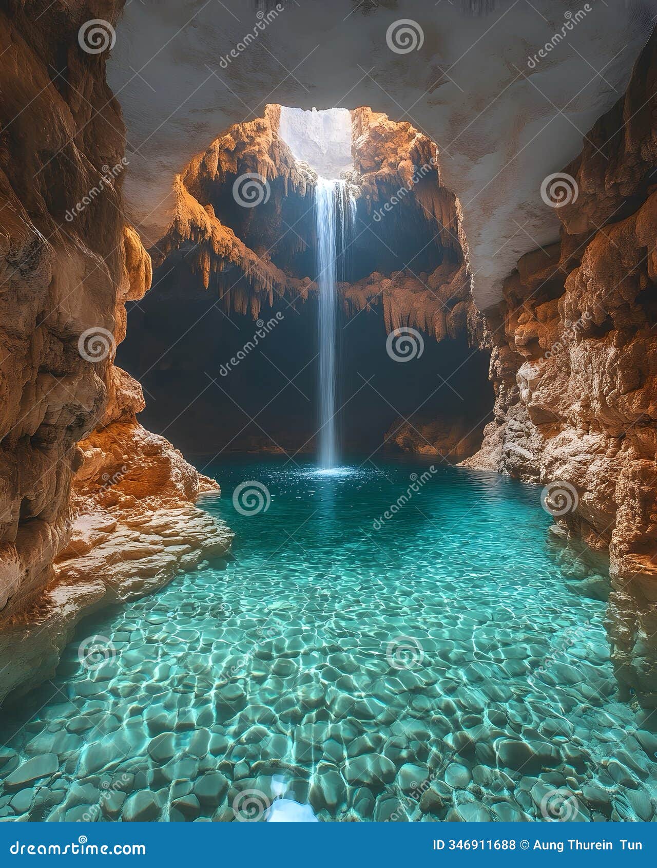 A Mesmerizing Scene of a Hidden Waterfall Inside a Vast, Dimly Lit Cave ...