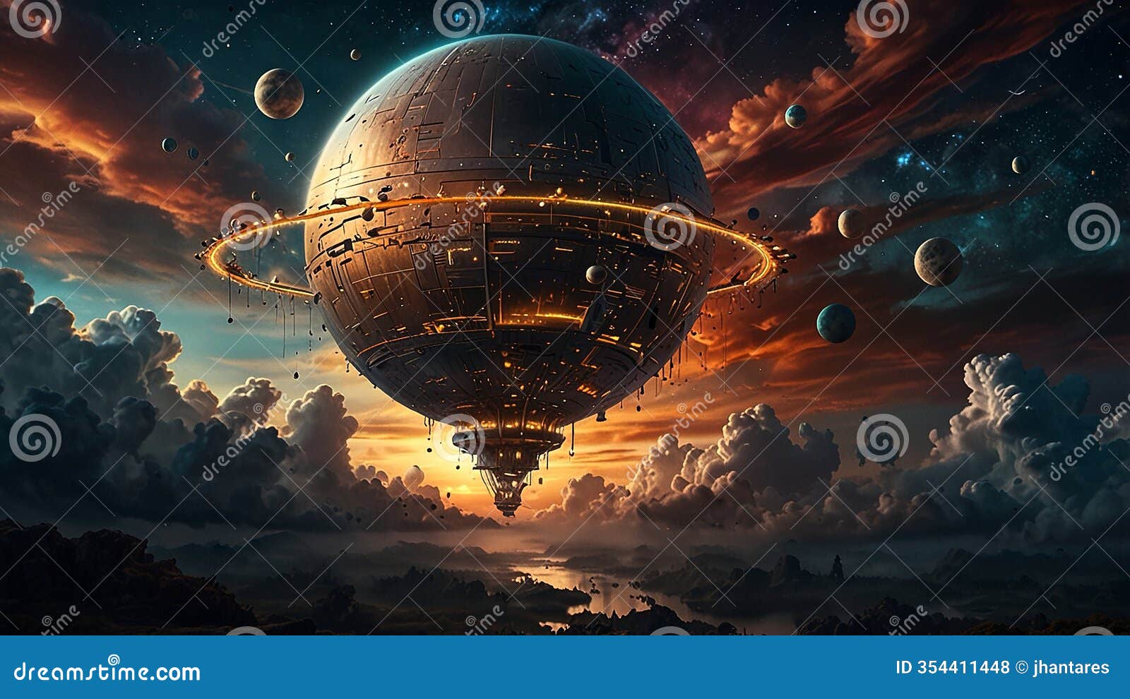 A Mesmerizing Scene Unfolds As Flying Sphere Stock Illustration ...
