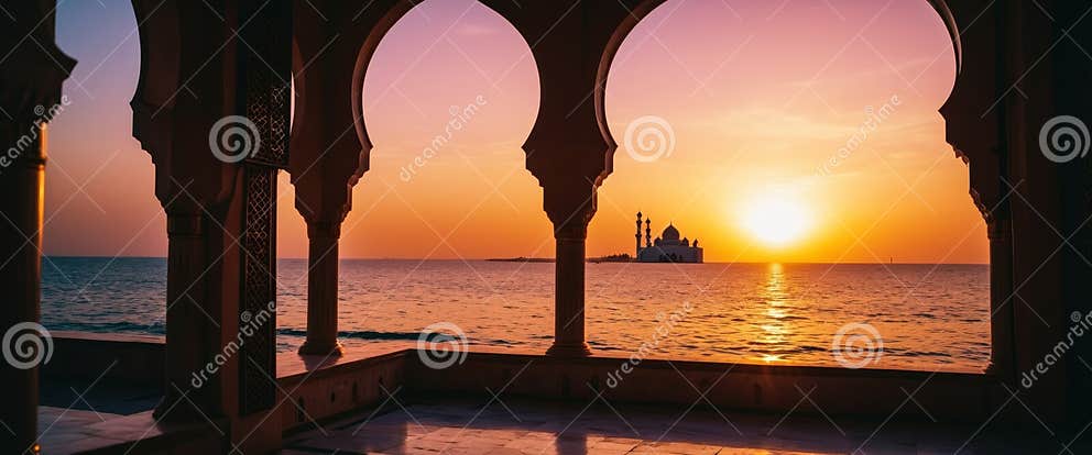 Mesmerizing Sunset Over Seaside Mosque through Arched Windows Stock ...